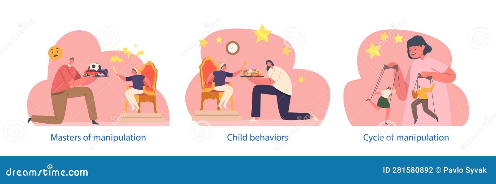 Isolated Elements with Children Manipulating Parents Like Puppets. Boy ...