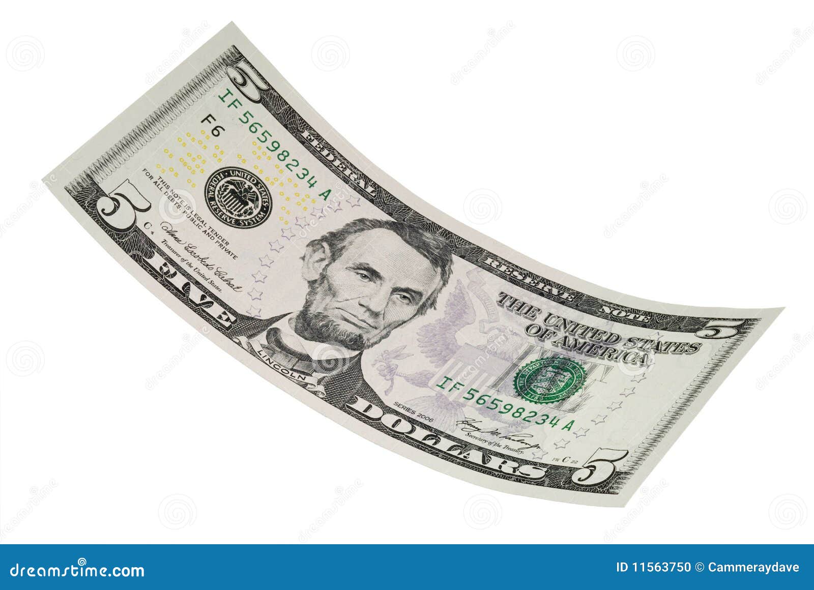 Isolated Five Dollar Bill stock photo. Image of dollar - 11563750
