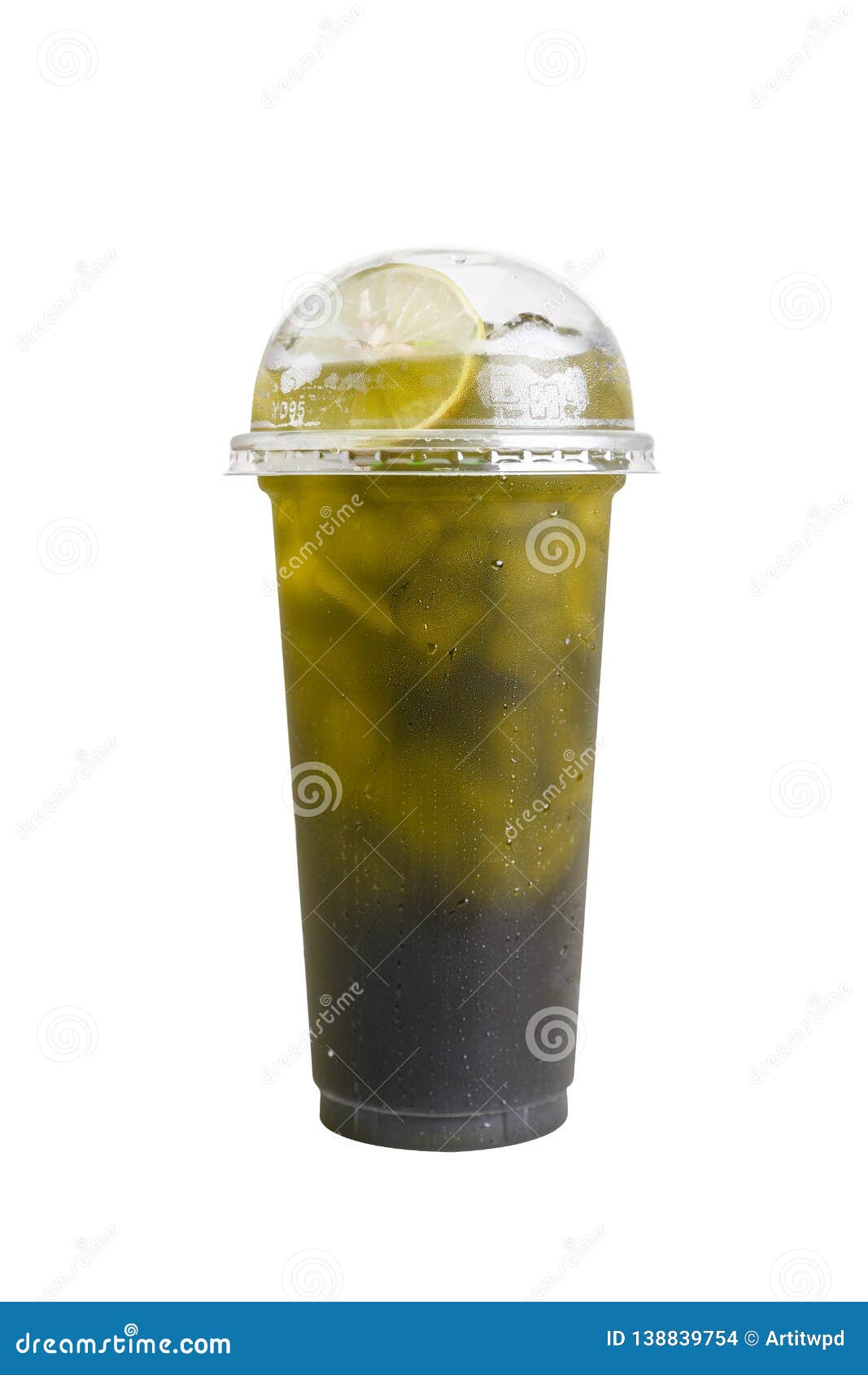 Isolated Front View of Iced Green Tea with Lime in Plastic Cup with ...
