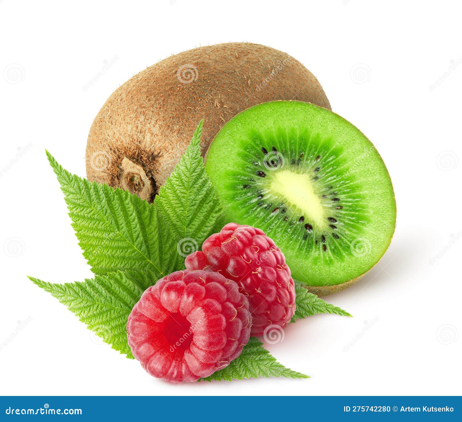 Isolated Fruits. Two Raspberry and Whole Kiwi and Half Isolated on ...