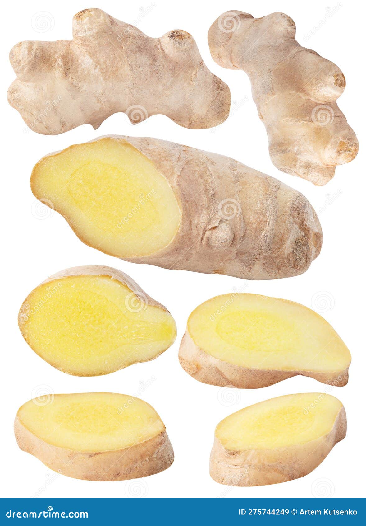 Isolated Ginger Collection. Raw Ginger Slices and Pieces Isolated on ...