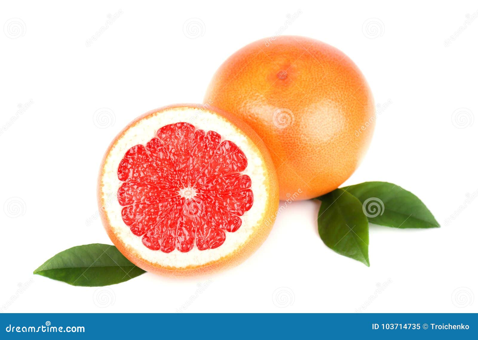 Grapefruit with Half Slice and Leaves Isolated on White Background with ...