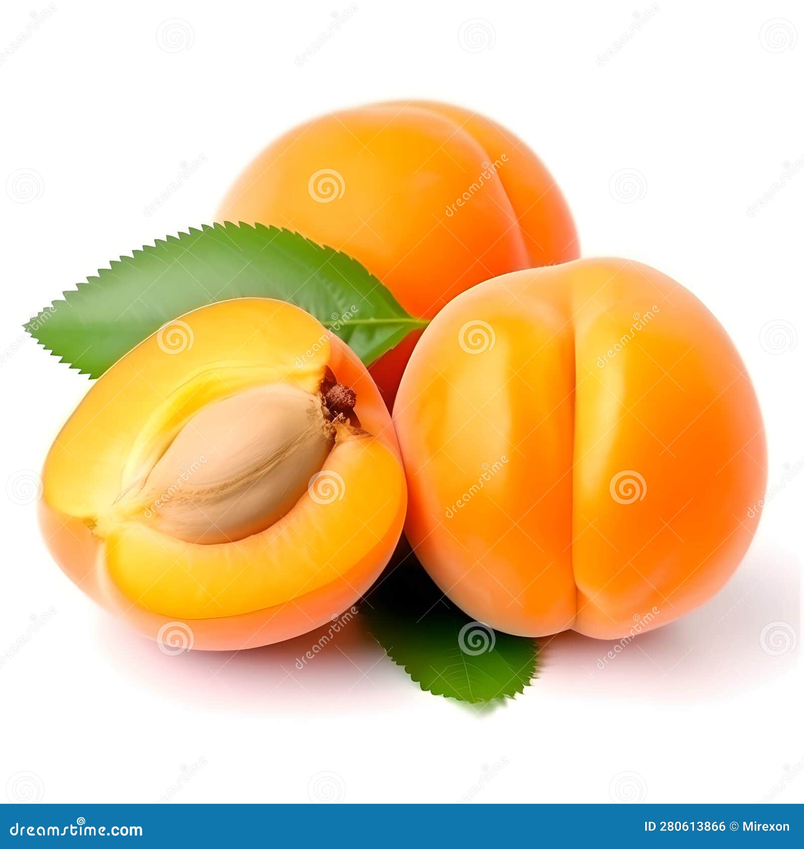 Isolated Group of Apricots. Two Whole Apricots, Piece, Half with Leaves ...