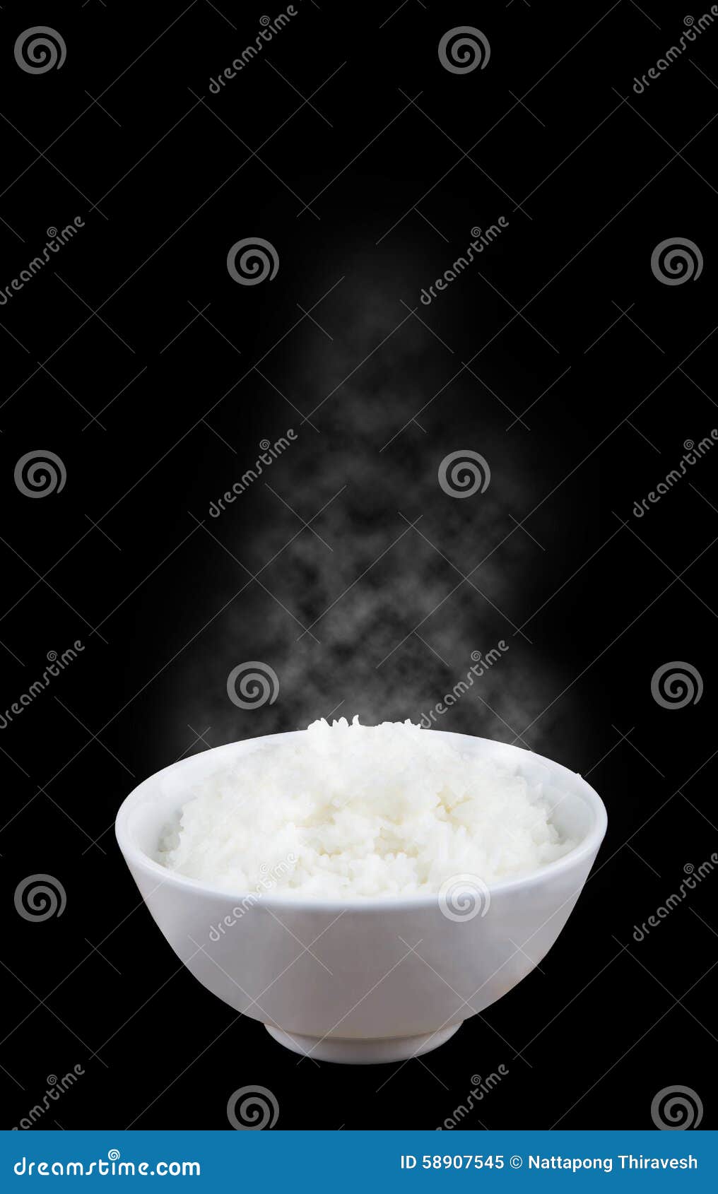 Isolated Of Hot Steamed Rice In A White Bowl With White Vapor On Dark ...