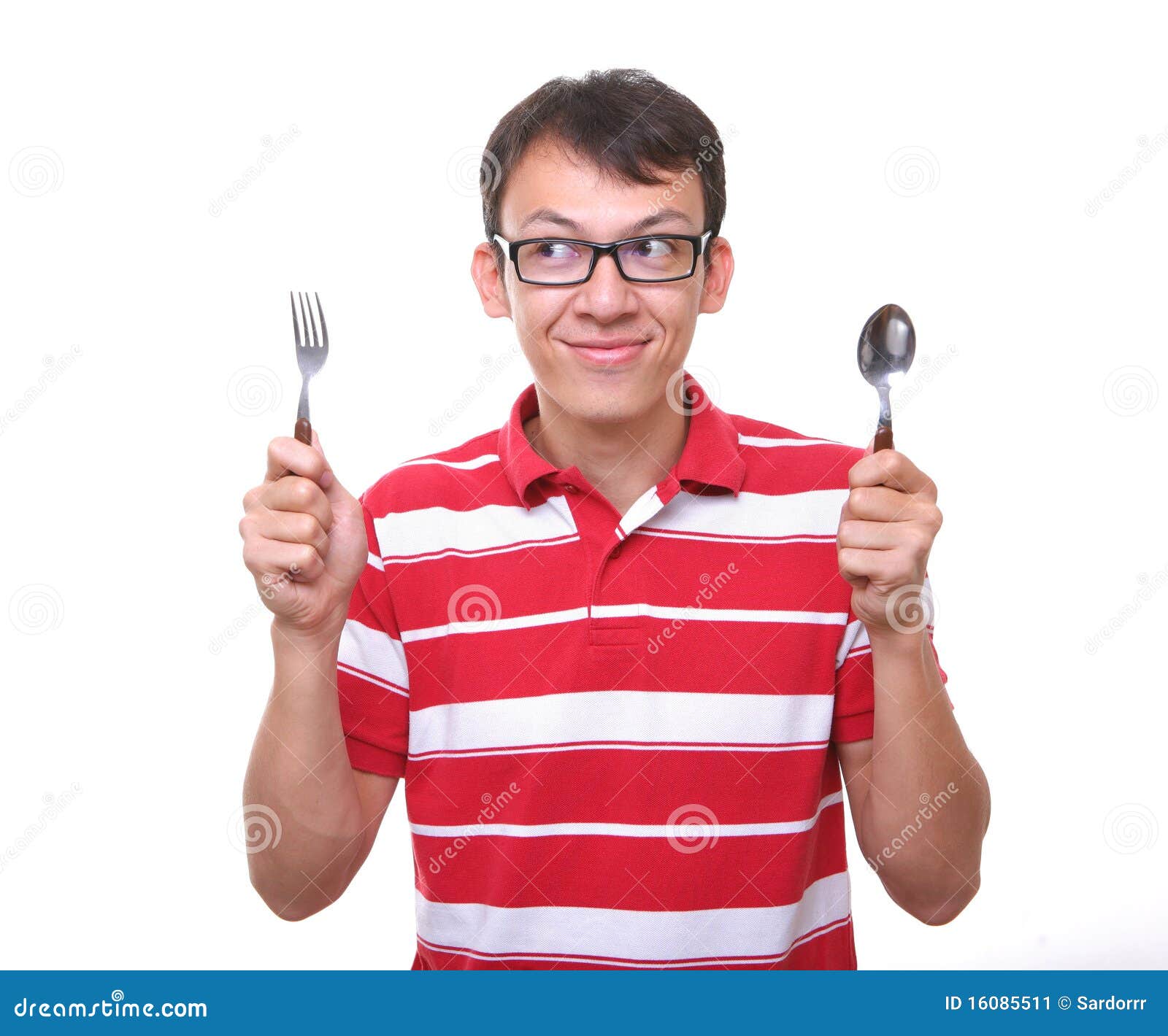 Isolated Hungry Young Man Student Fork Spoon Stock Image - Image of ...