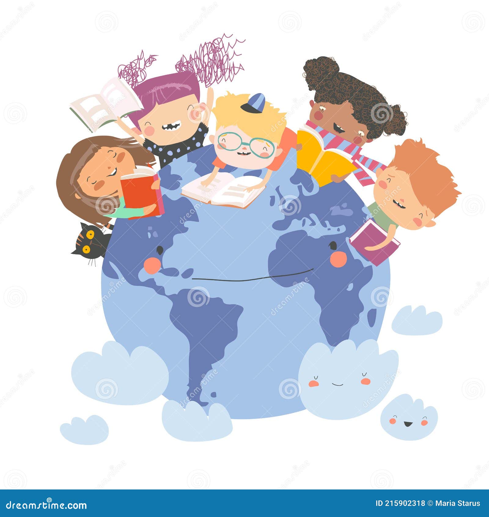 Isolated Illustration with Happy Kids Reading Books on Globe Stock ...