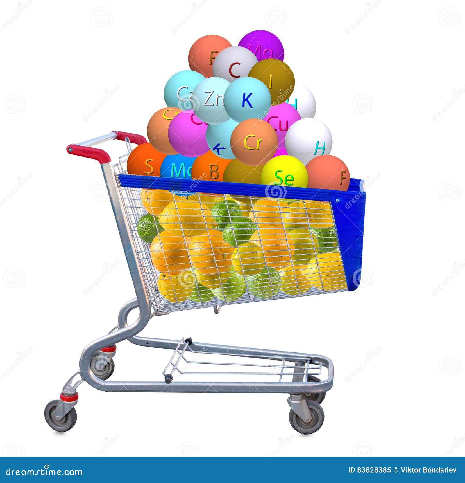Isolated Image of Grocery Carts and Stylized Balls with Vitamins Stock ...