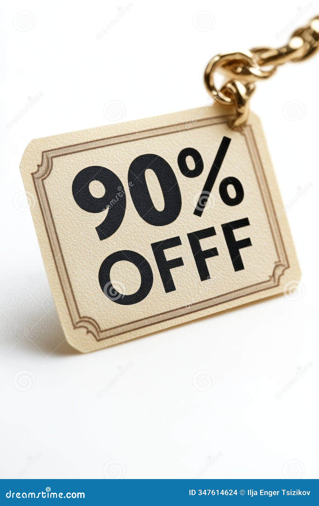 Isolated Ivory Square Tag with 90 OFF in Black Text Hanging on Gold ...