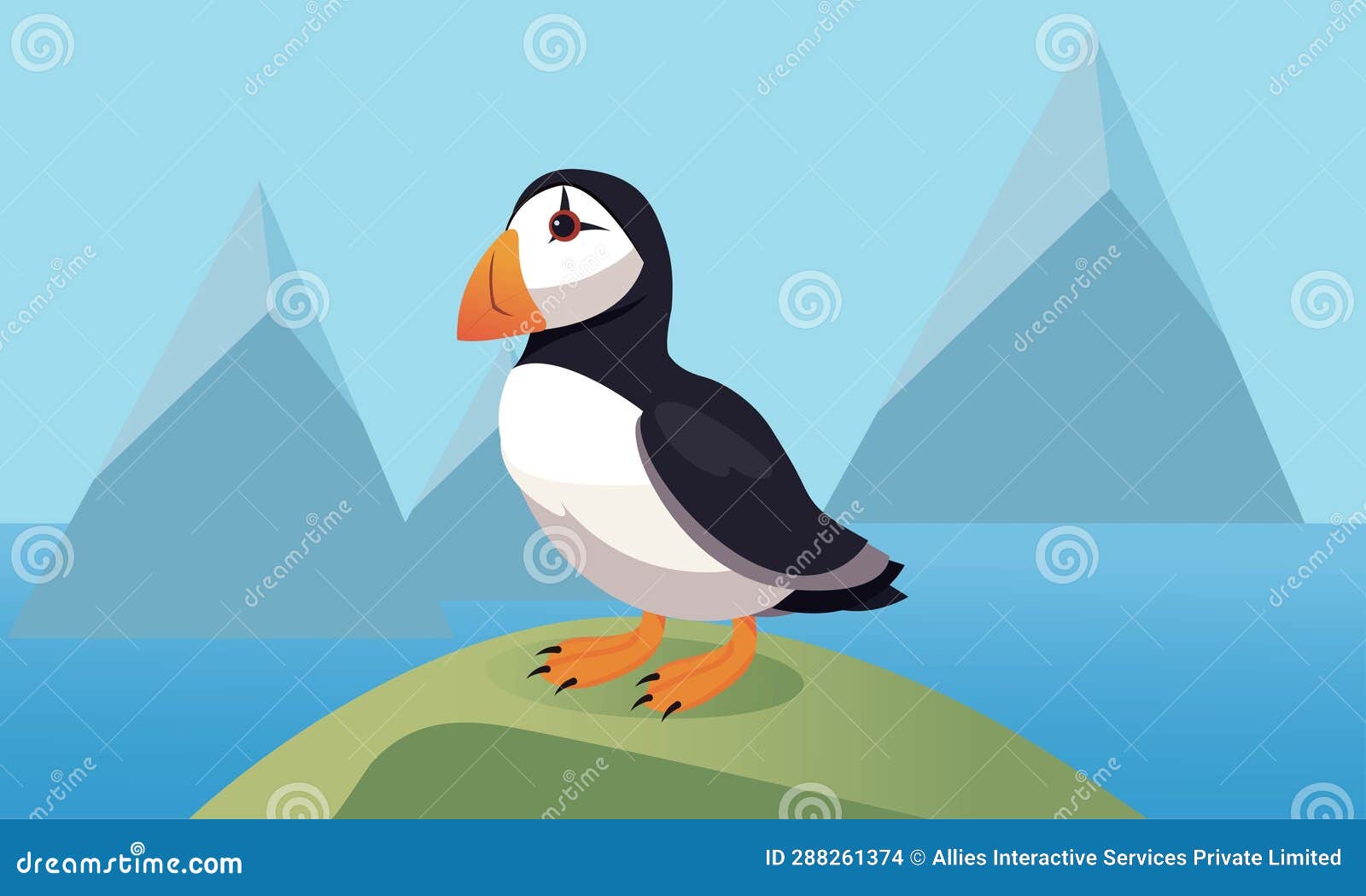 Isolated Little Puffin Sitting on Mountain. Vector Stock Illustration ...