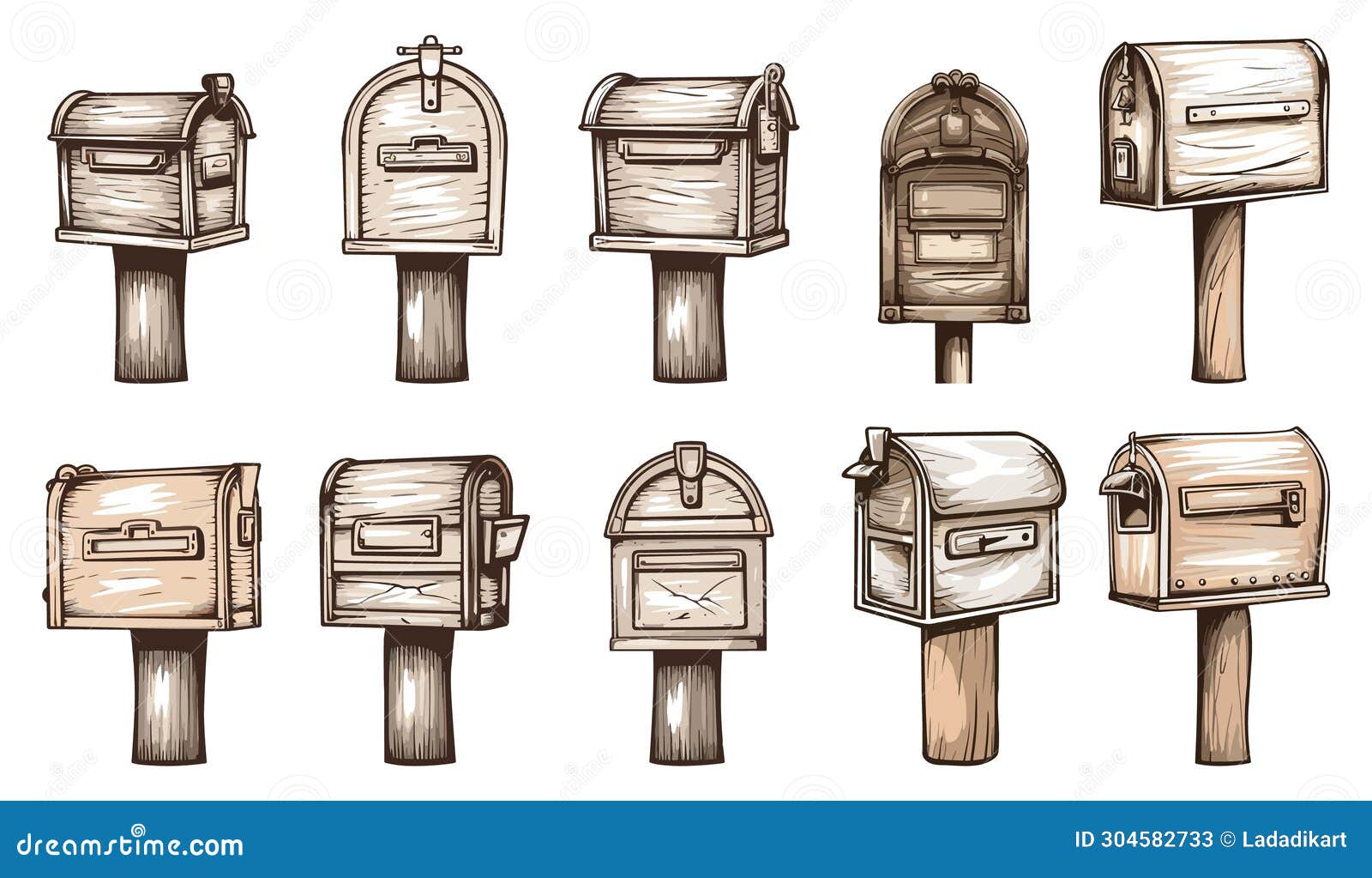 Isolated Mailboxes. Rustic Style Mailbox, Cartoon Sketch Elements Stock ...