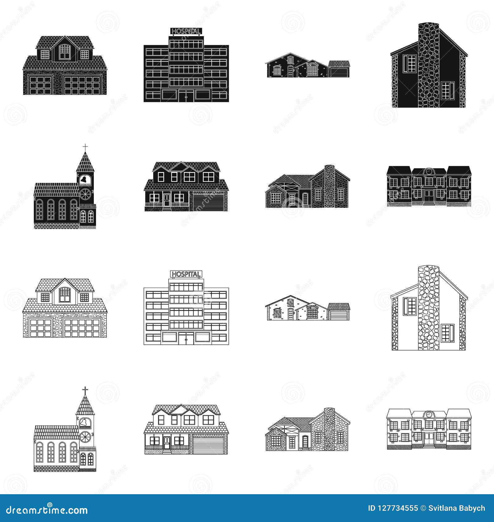 Isolated Object of Building and Front Symbol. Set of Building and Roof ...