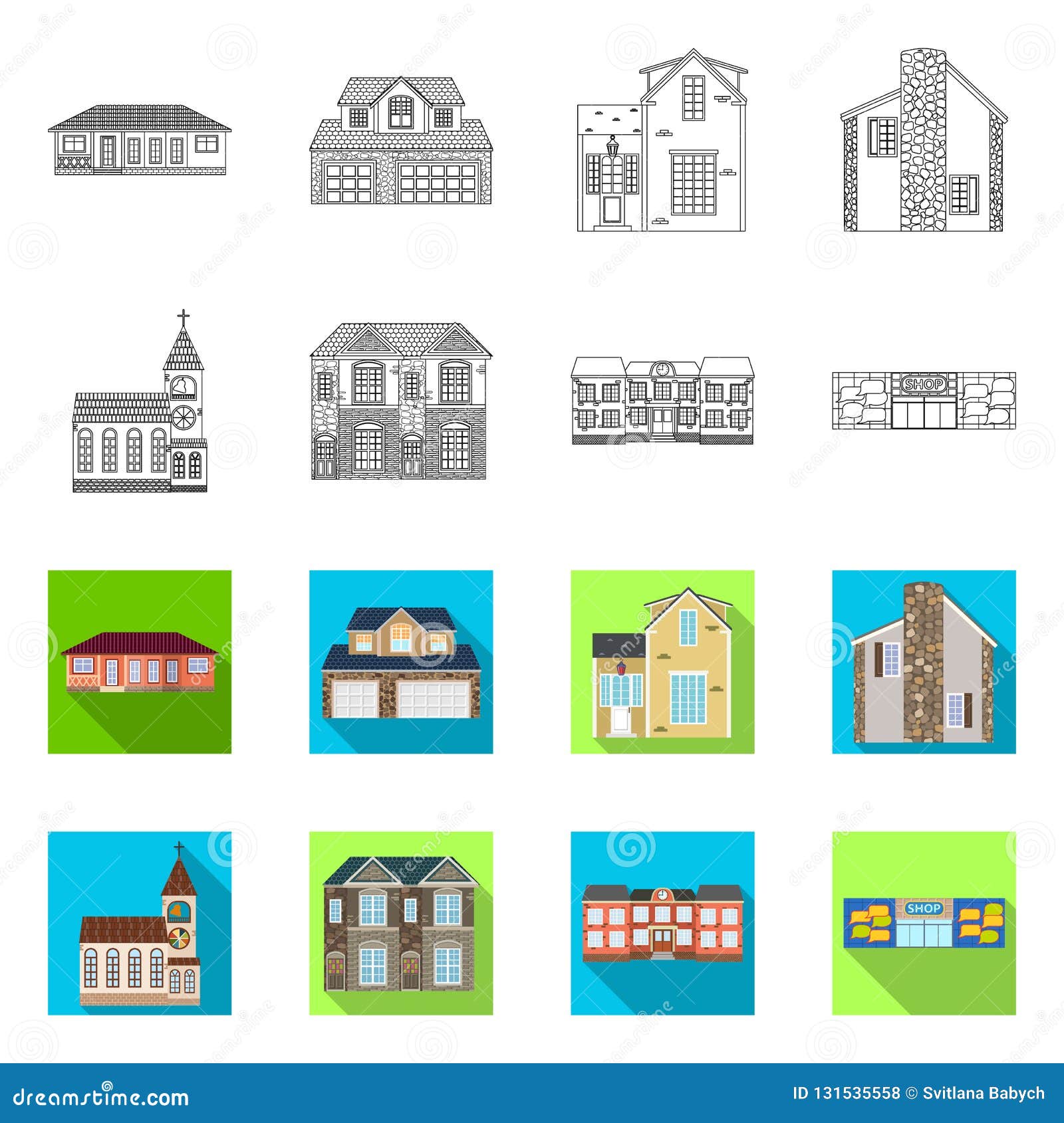 Isolated Object of Building and Front Symbol. Set of Building and Roof ...