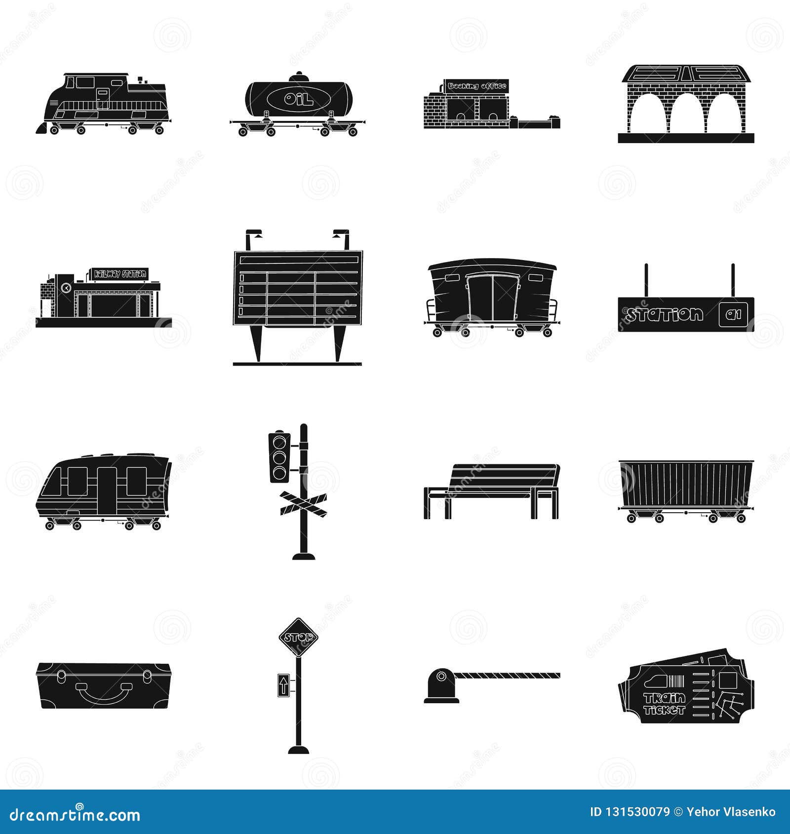 Isolated Object of Train and Station Symbol. Set of Train and Ticket ...
