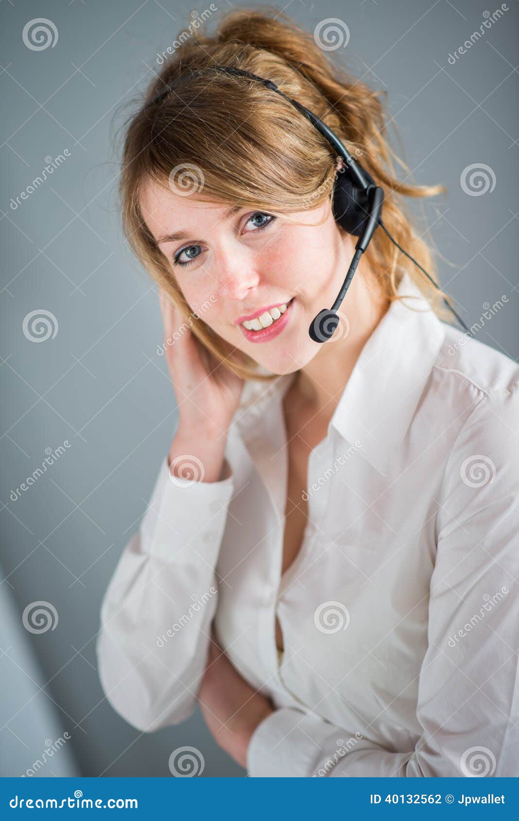 Isolated Portrait of Cheerful Young Telephone Operator Stock Photo ...
