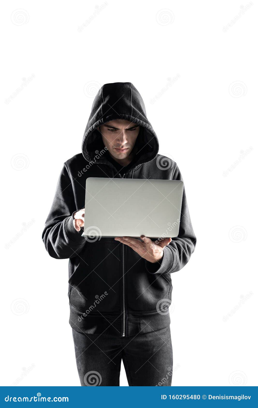 Serious Young Hacker with Laptop, Isolated Stock Photo - Image of ...
