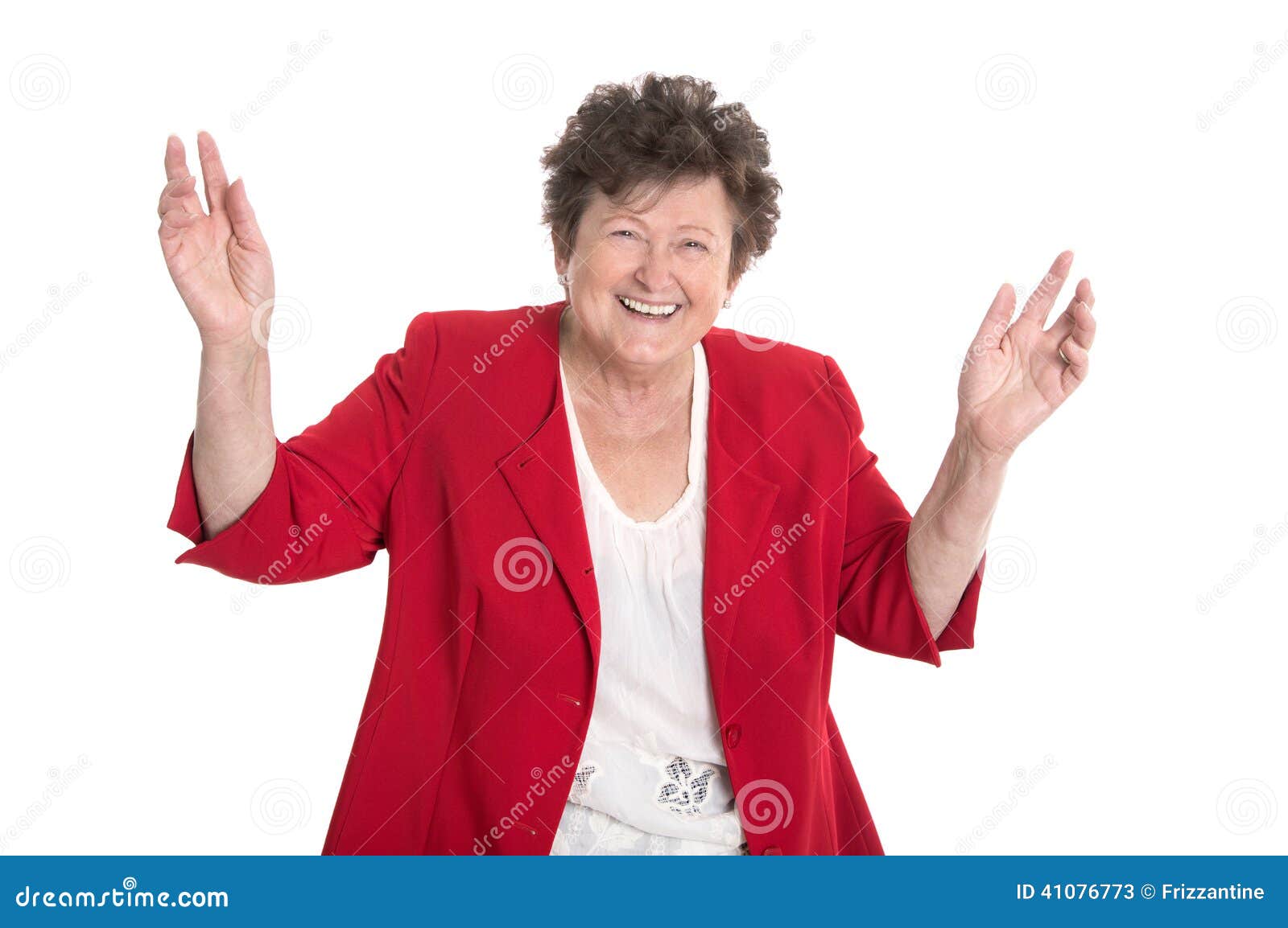 Isolated Portrait: Happy and Cheering Older Lady in Red Jacket. Stock ...