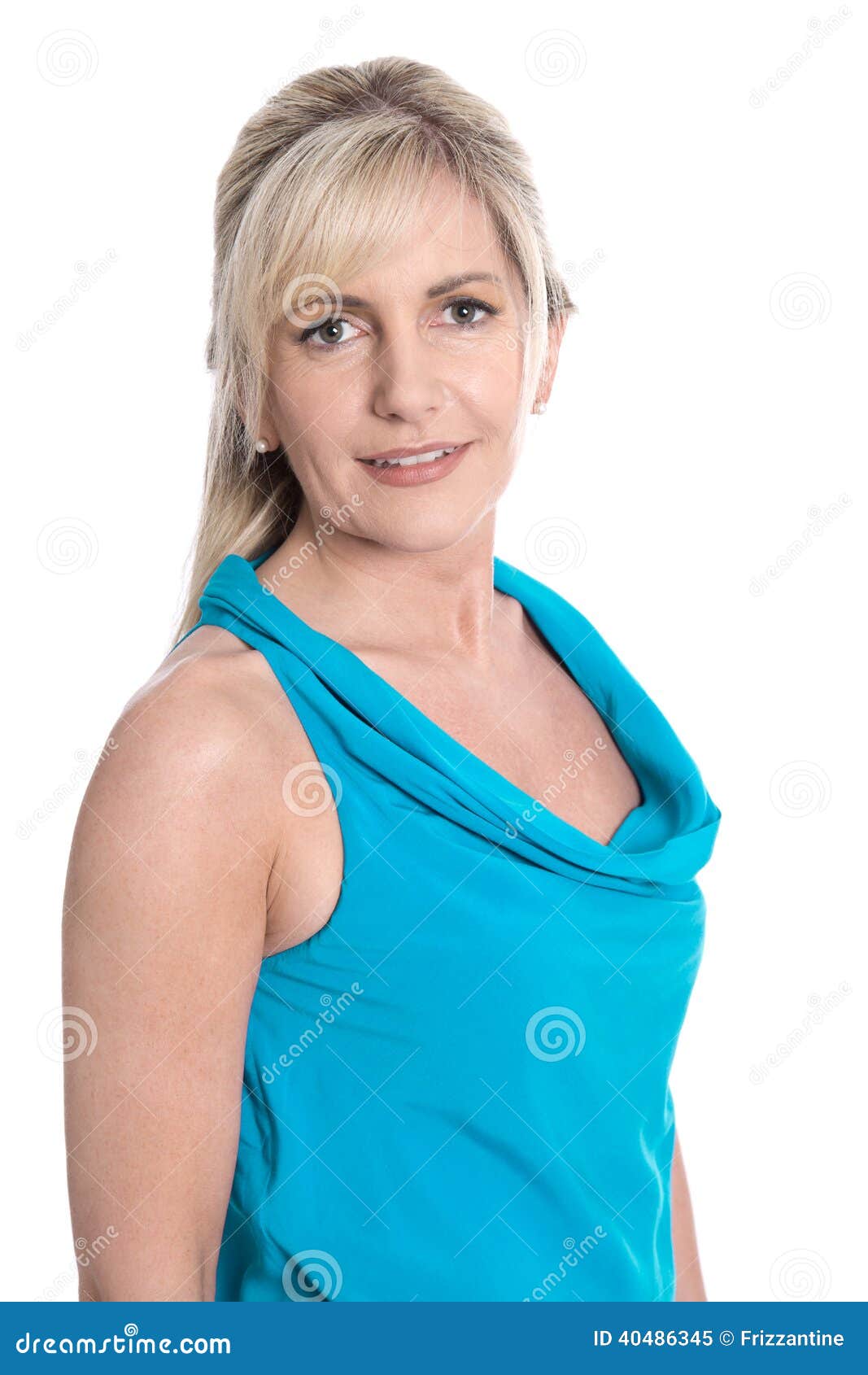 Isolated Portrait Of Middle Aged Blond Satisfied Woman Stock Image