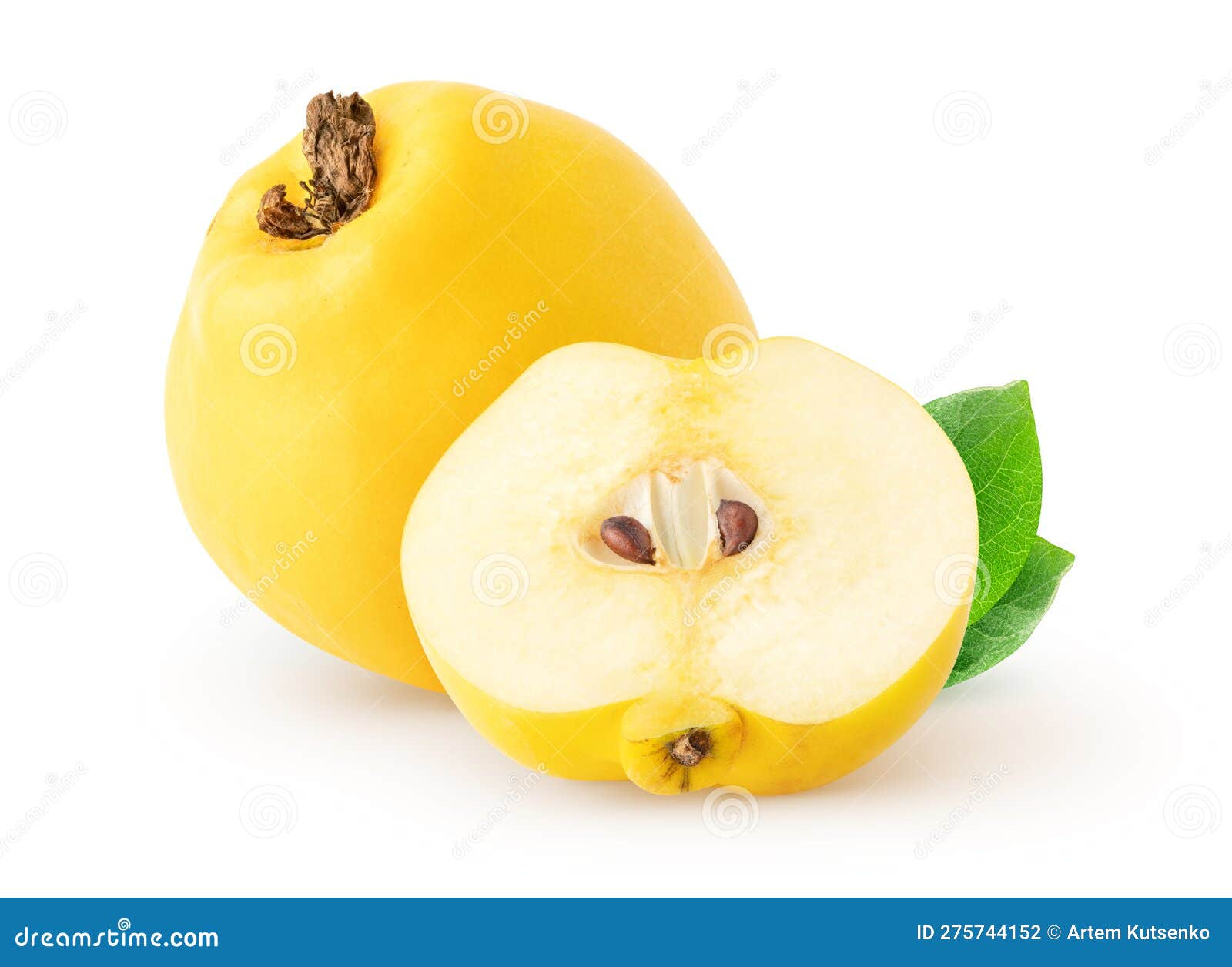 Isolated Quince. Whole Quince Fruit and a Half with Leaves Isolated on ...