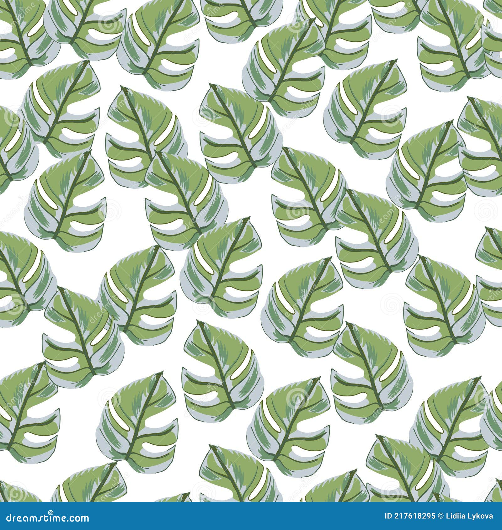 Isolated Random Seamless Pattern with Green Monstera Doodle Leaves ...