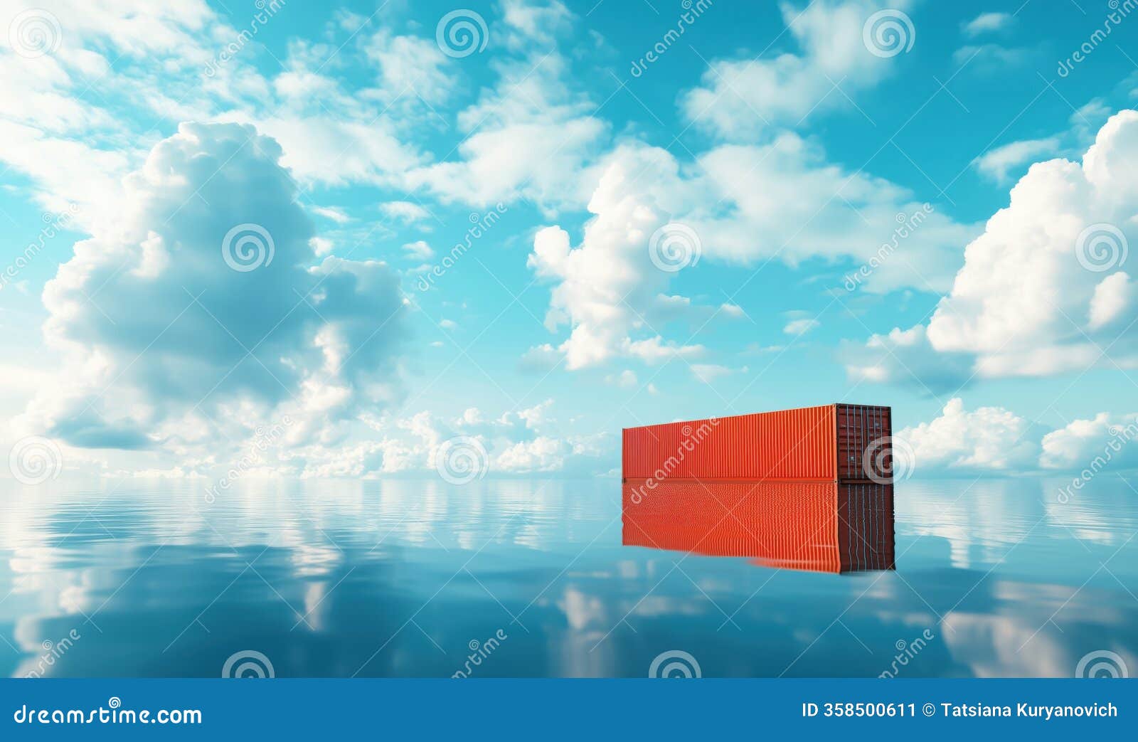 Isolated Red Shipping Container Floating on Calm Ocean Under Blue Sky ...