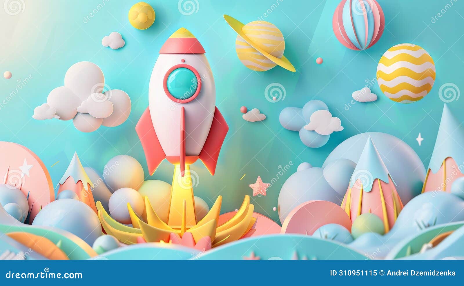 Isolated Rocket, Globe, Cloud, and Sky, Paper Art Style with Pastel ... Isolated Rocket, Globe, Cloud, and Sky, Paper Art Style with Pastel ...