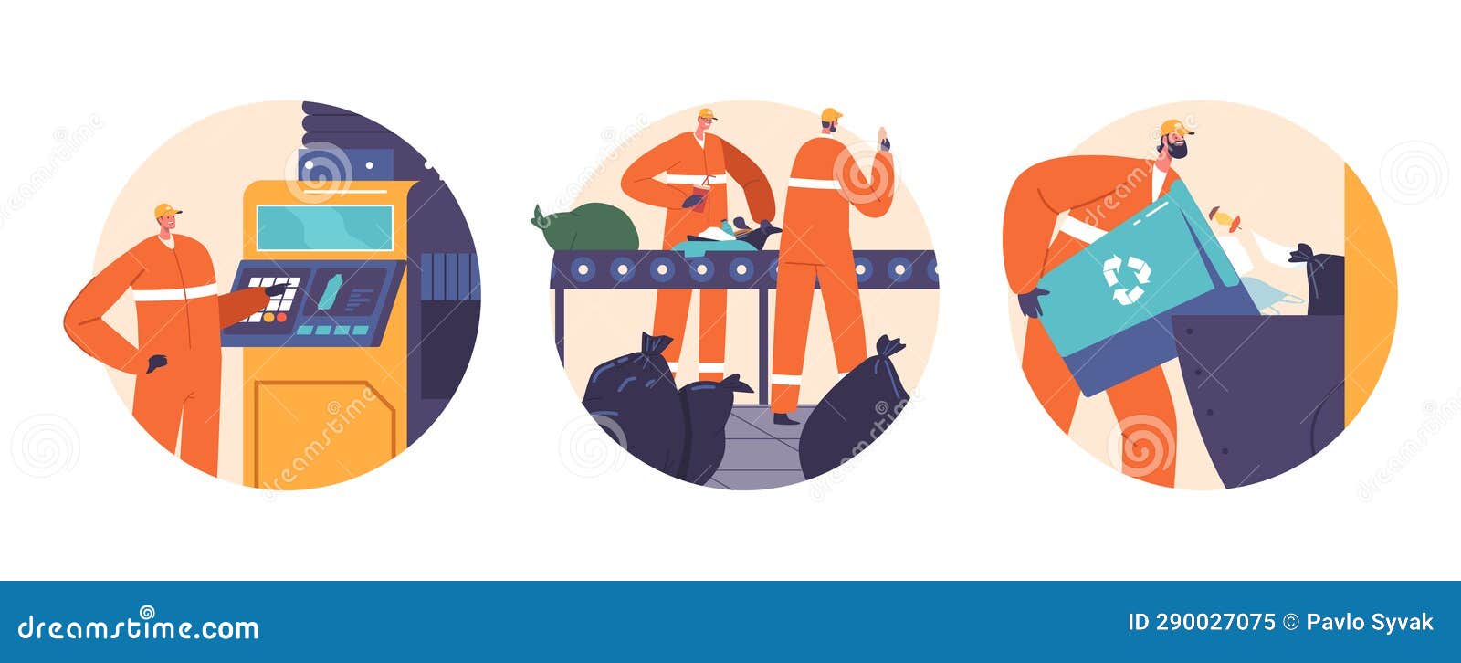 Isolated Round Icons or Avatars of Worker Characters Processing Garbage ...