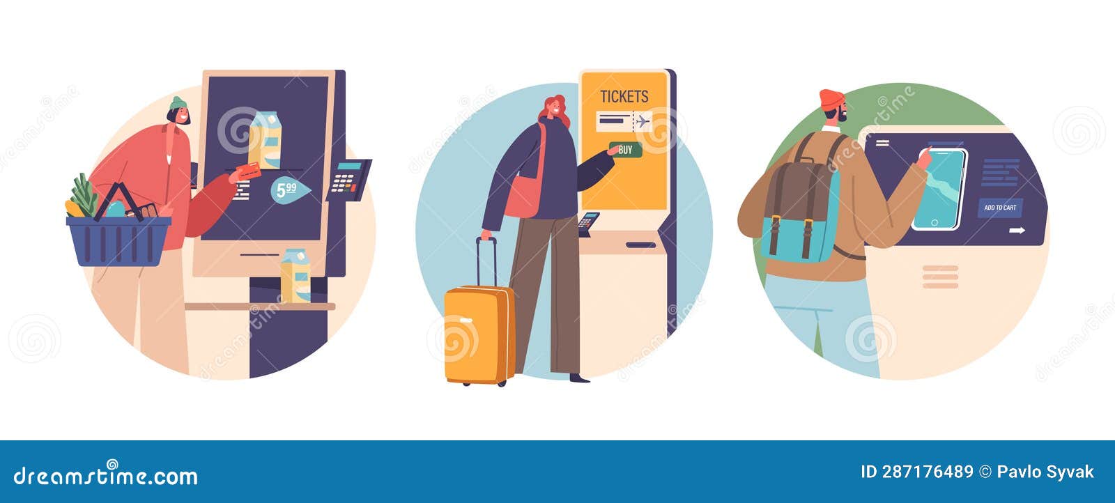 Isolated Round Icons with Male and Female Characters Use Self Service ... Isolated Round Icons with Male and Female Characters Use Self Service ...
