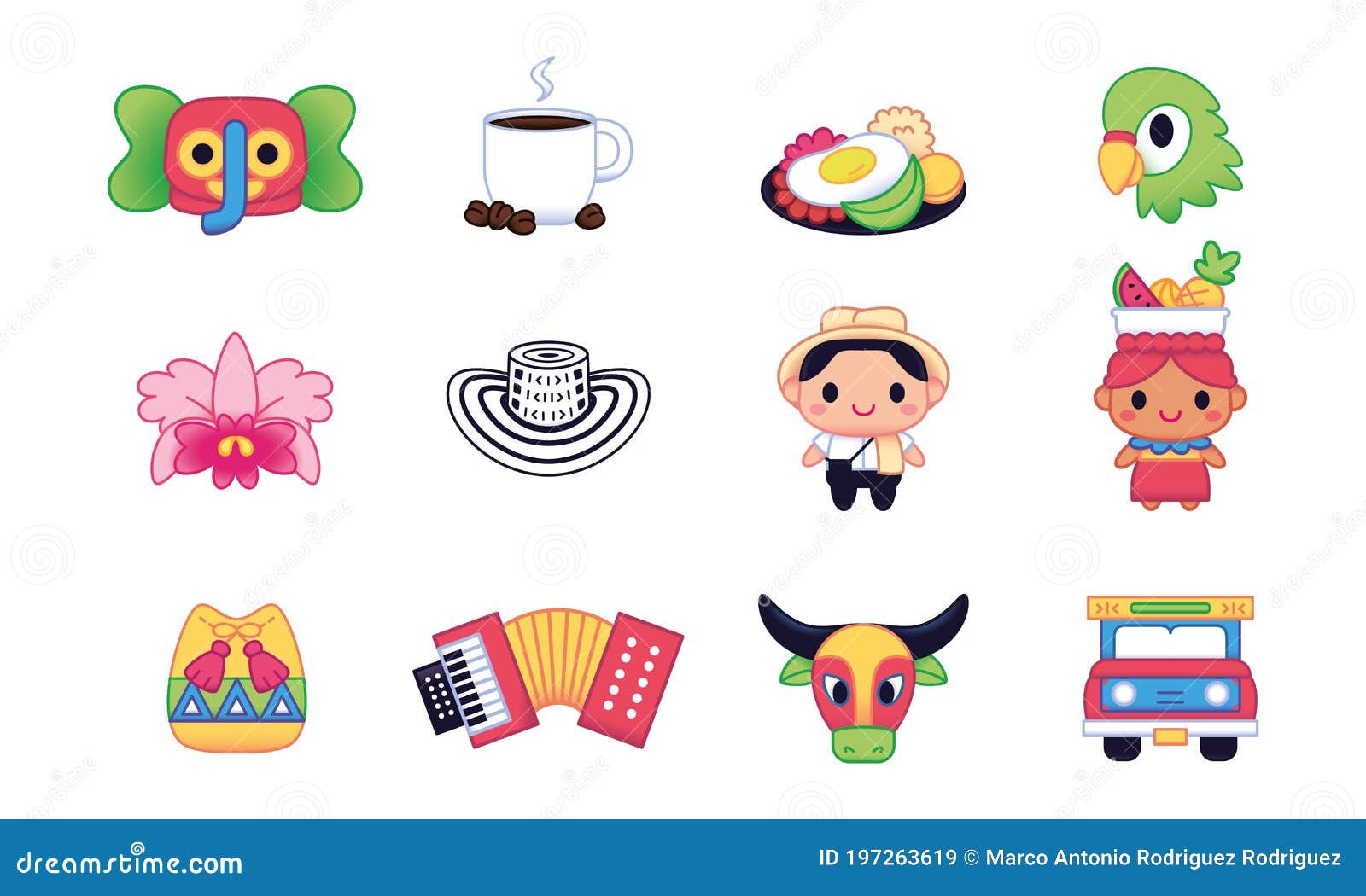 Isolated Set Group Colombian Stock Vector - Illustration of sombrero ...