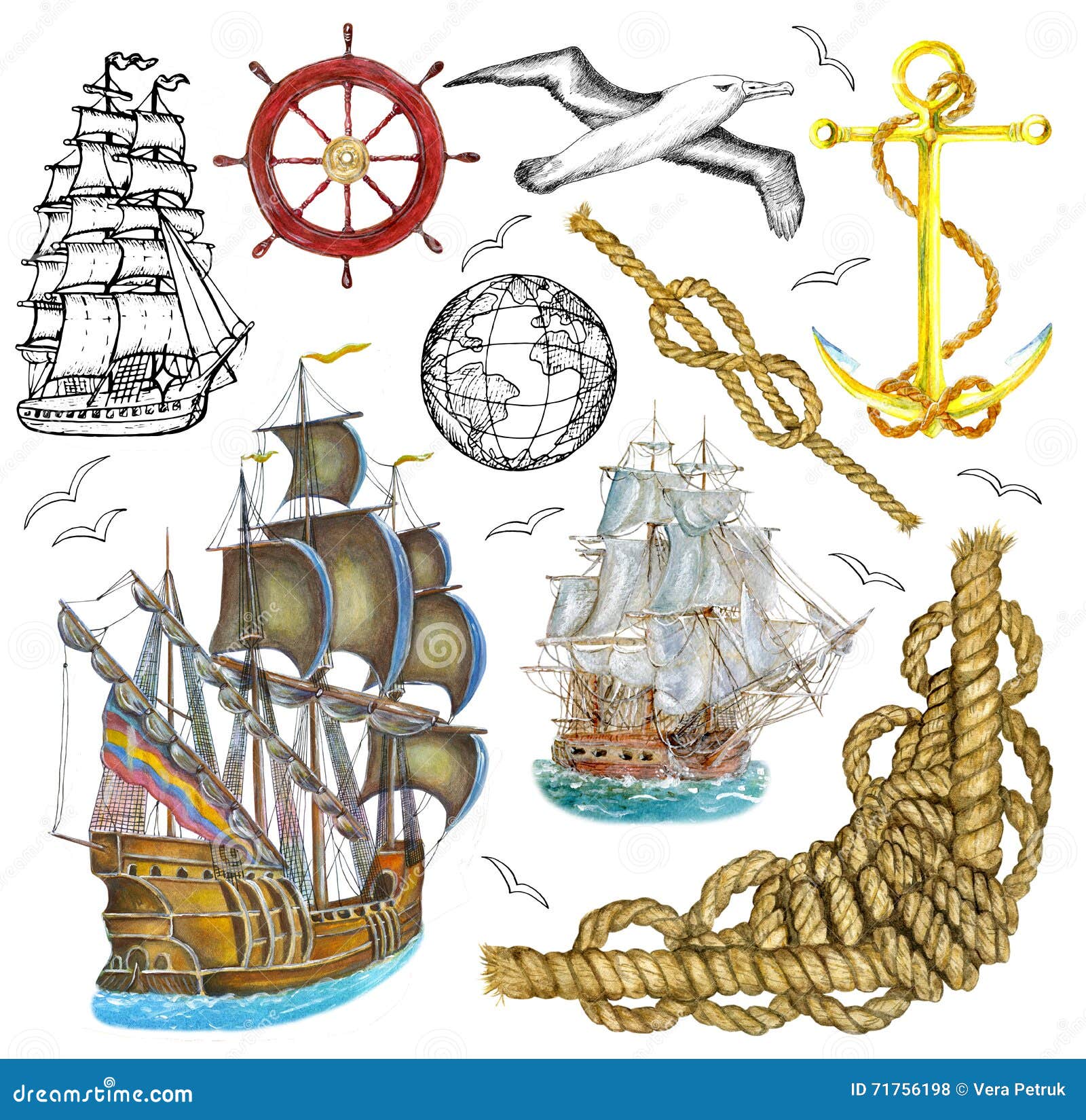 Isolated Set with Sea Elements Stock Illustration - Illustration of ...