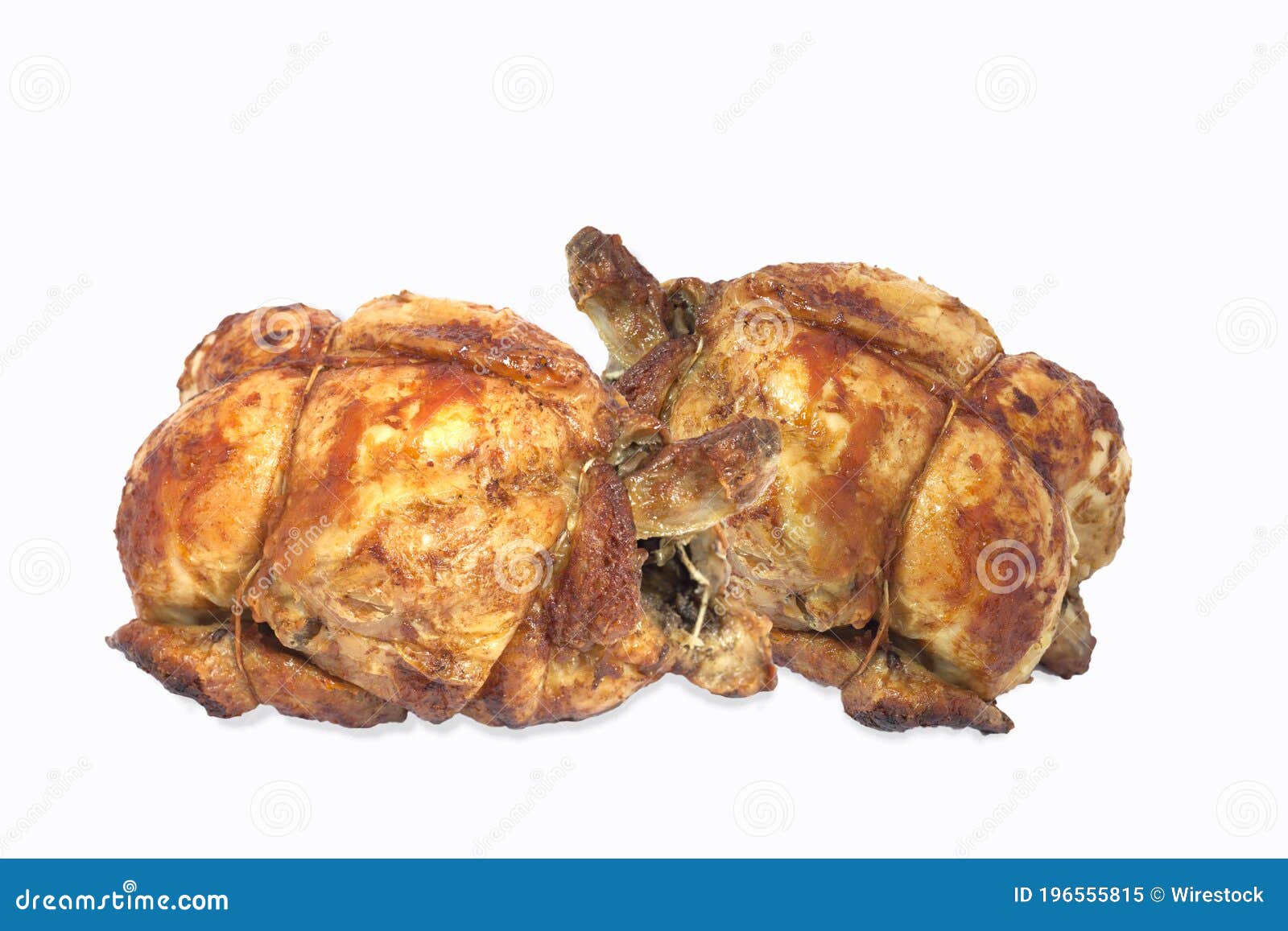 Isolated Shot Of Spit Roasted Chickens Tied And Grilled Stock Image