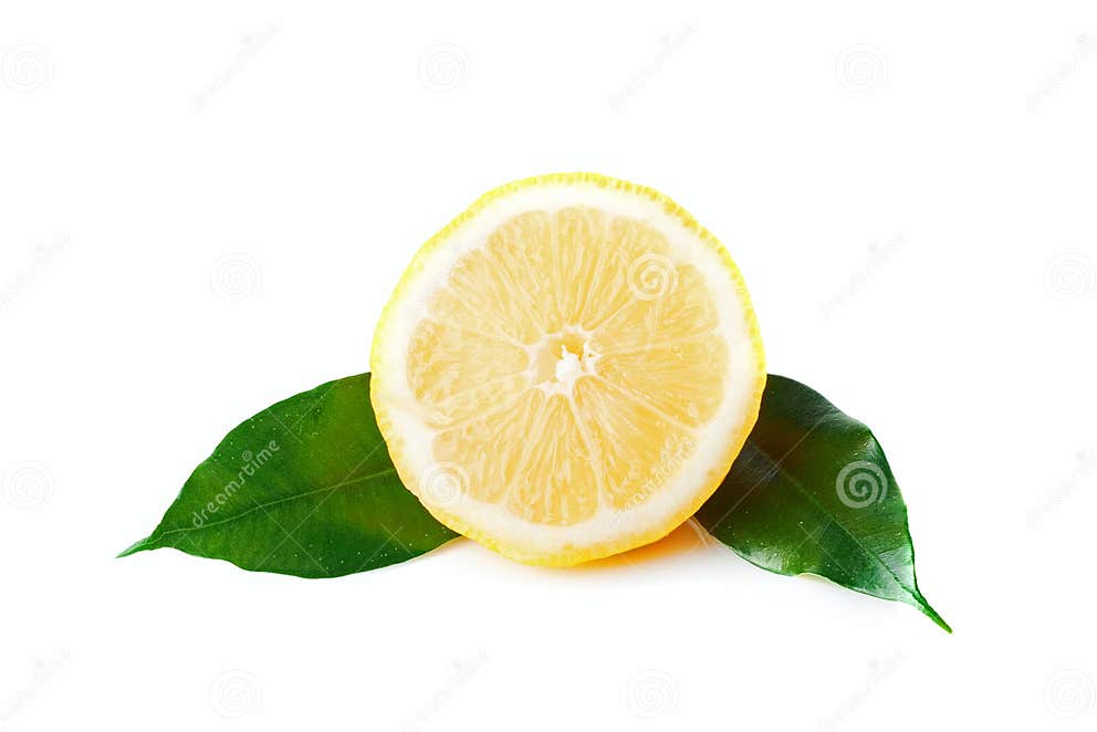 Isolated Slice of Lemon with Two Leaves Stock Photo - Image of slice ...