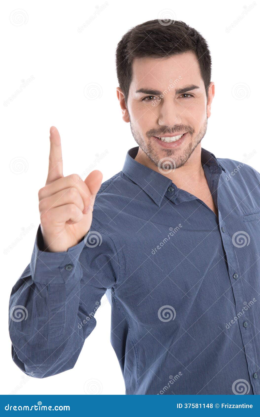 Isolated Smiling Young Man in Blue Shirt and Forefinger Up. Stock Photo ...