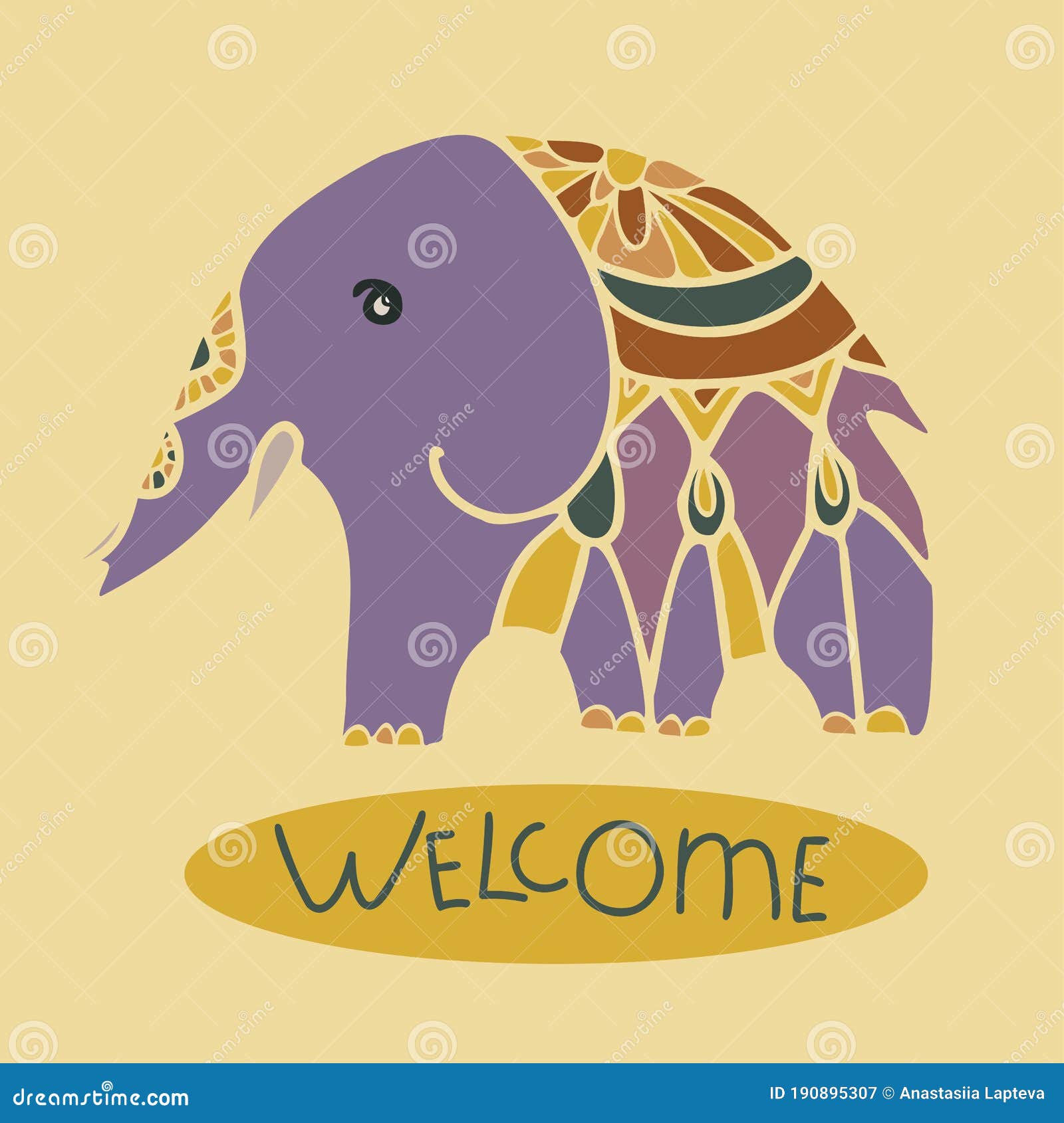 Isolated Vector Design Welcome Card with a Violet Elephant on Yellow ...