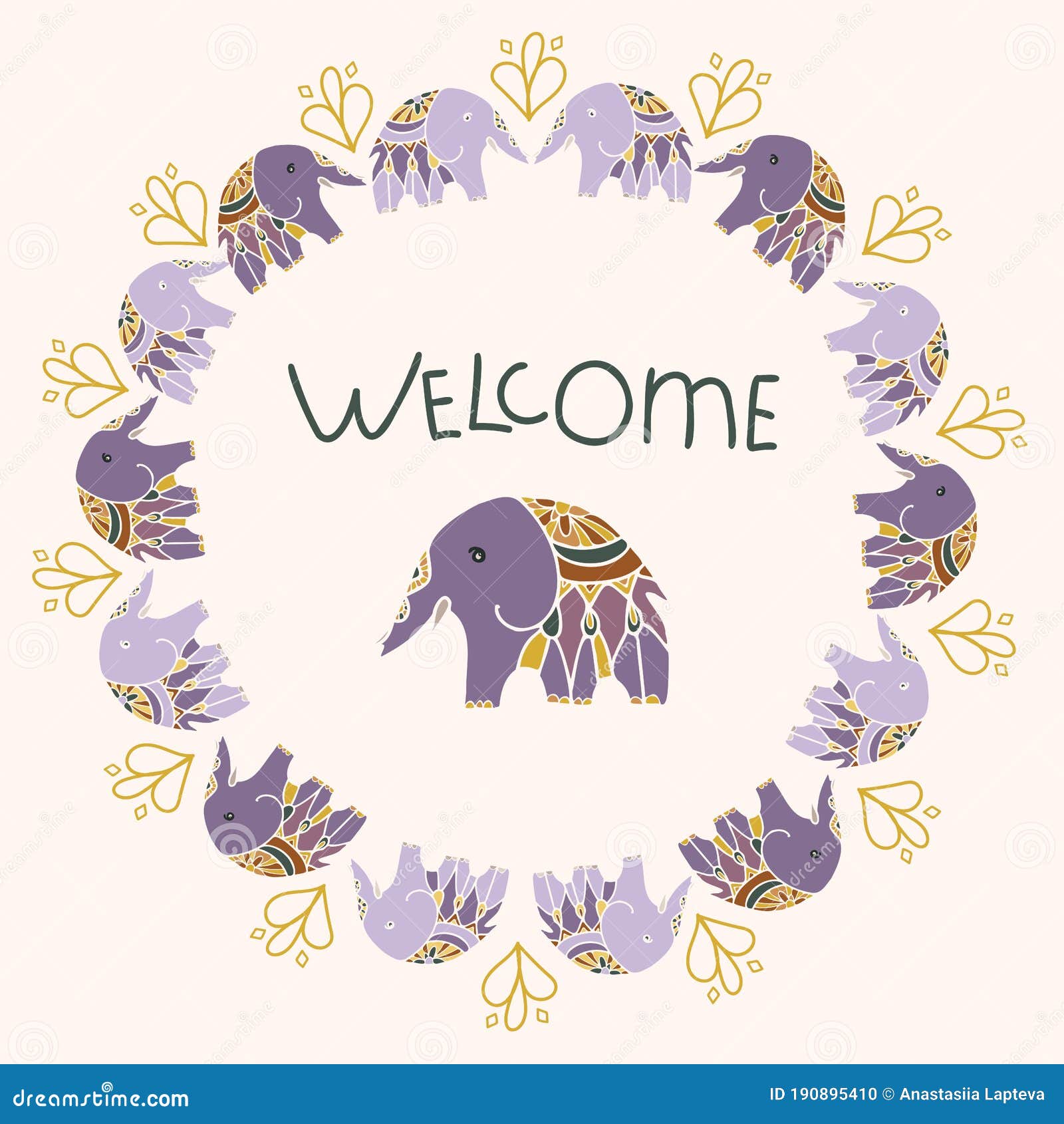 Isolated Vector Design Welcome Card with a Violet Elephant on Yellow ...