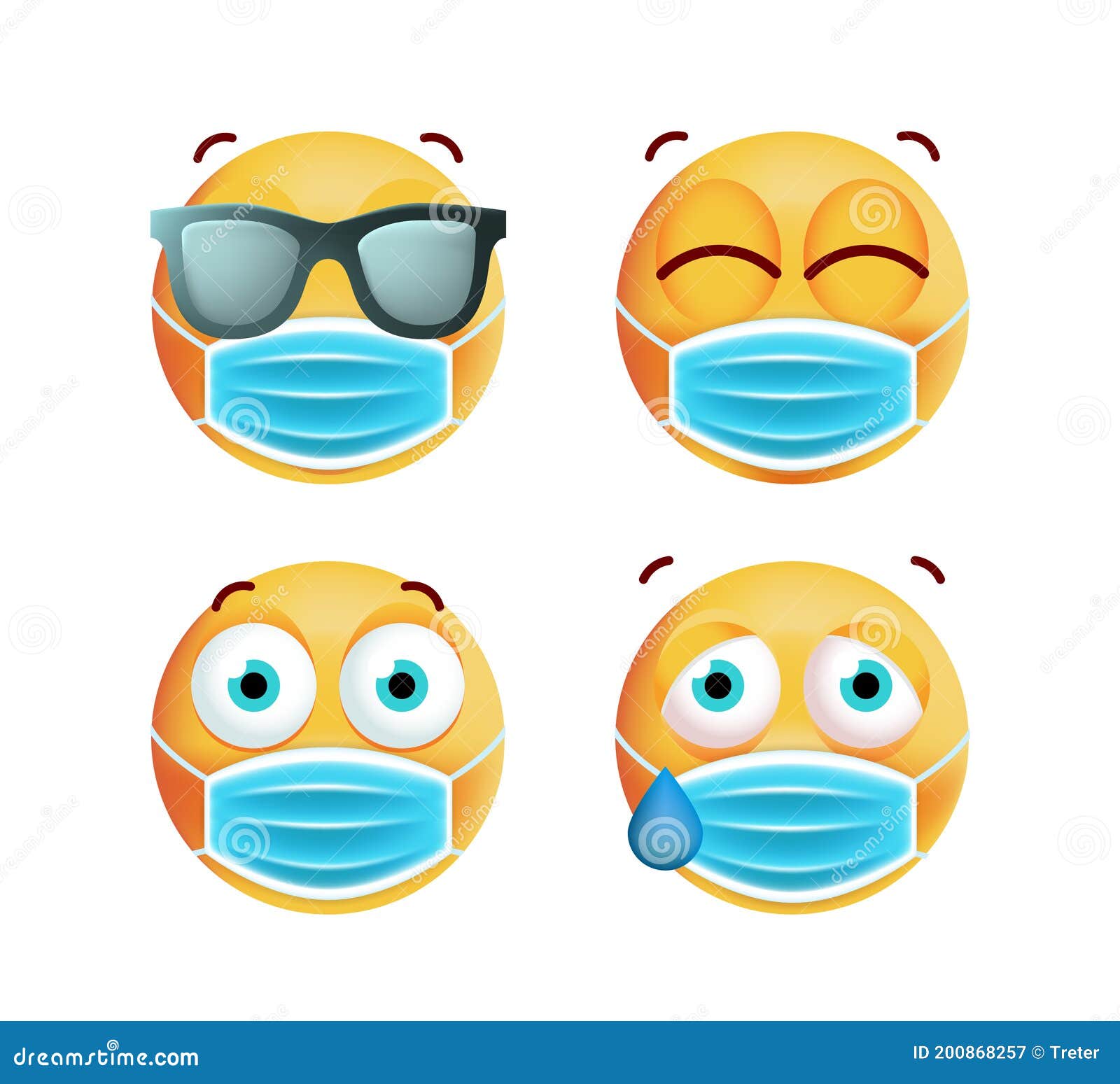 Realistic Cute Emoticon with Face Mask on White Background Stock ...