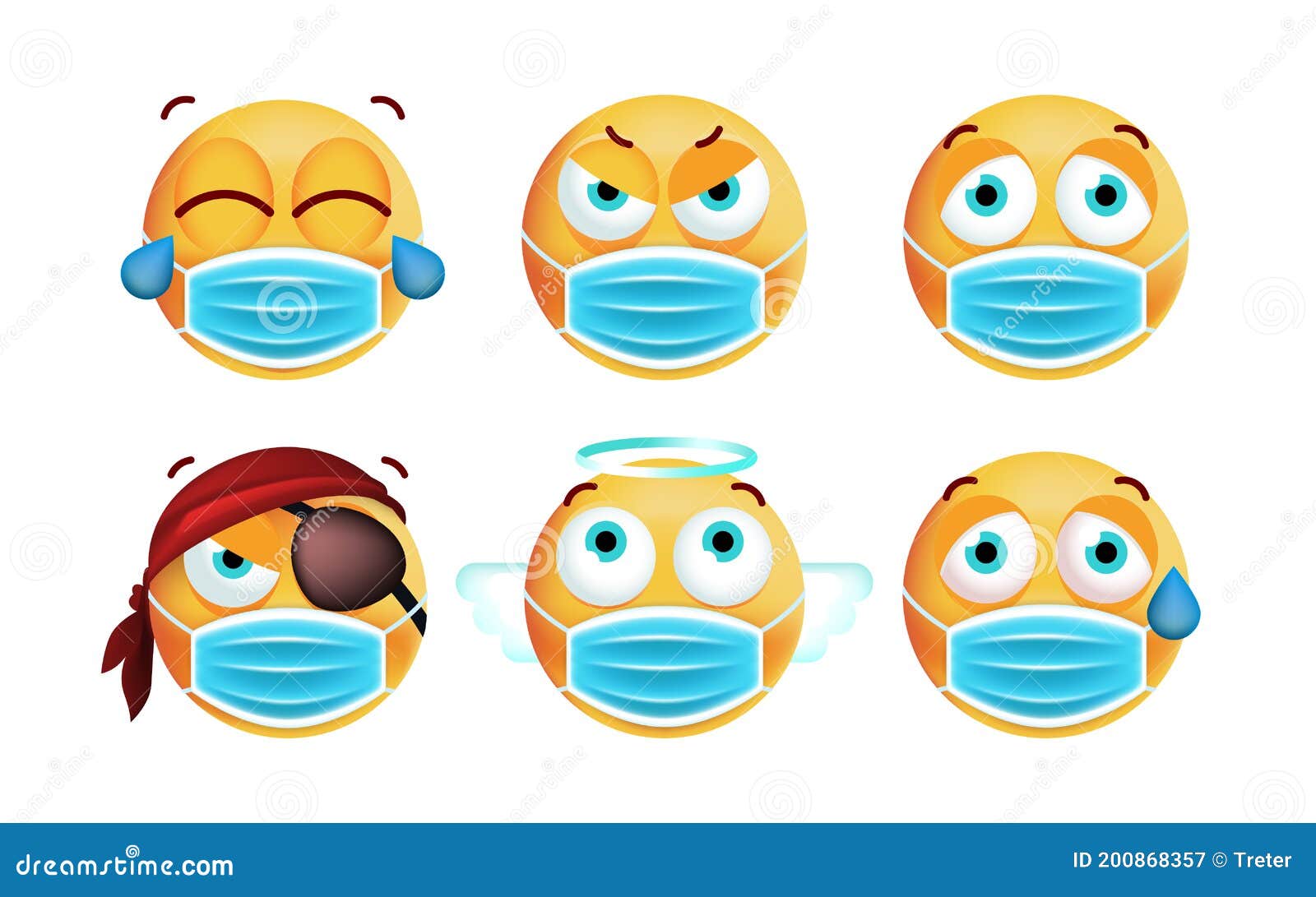 Realistic Cute Emoticon with Face Mask on White Background Stock ...