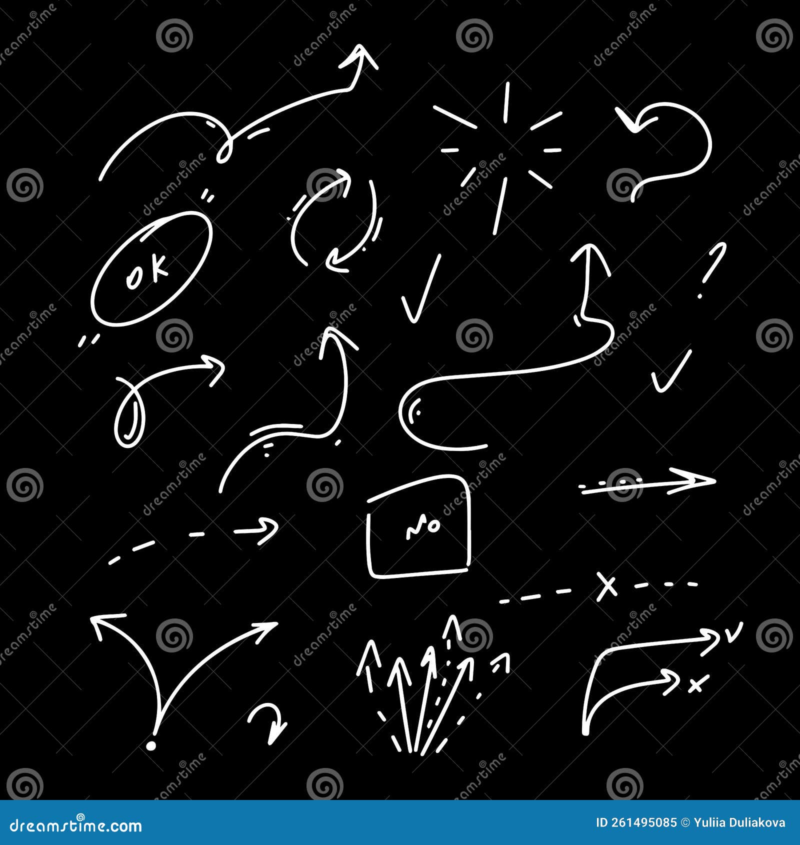 Isolated Vector Hand Drawn Arrows Set White on Black Background Stock ...
