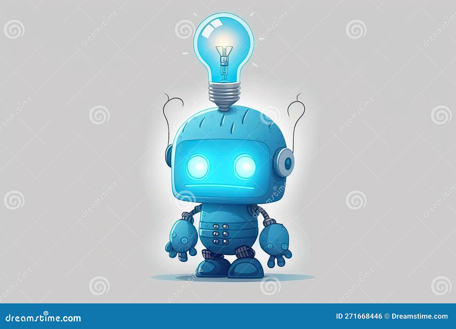 Isolated on a White Background, a Cute Blue Robot with a Blue Light ...