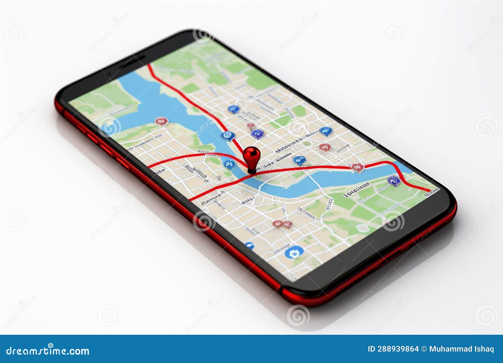 Isolated White Background, Map on Smartphone Screen with Two Red ...