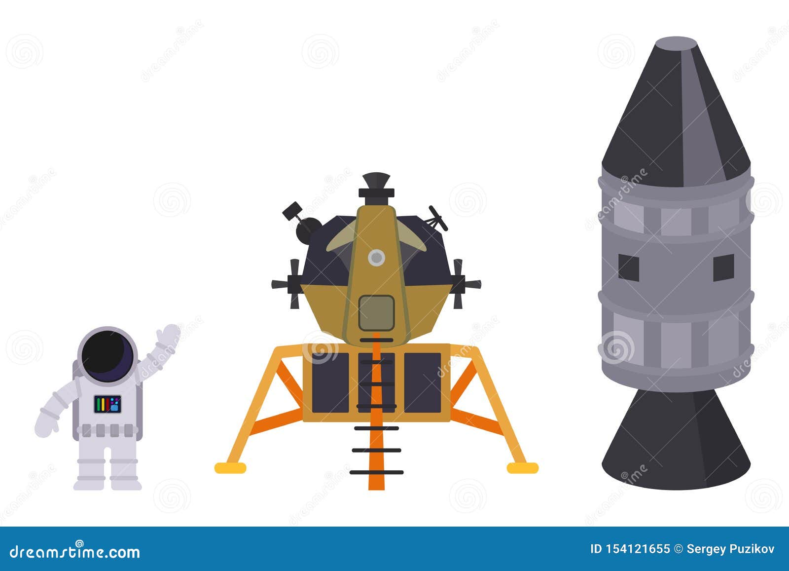 Astronaut In Lunar Surface. Rocket Spaceship, Space Planet And ...