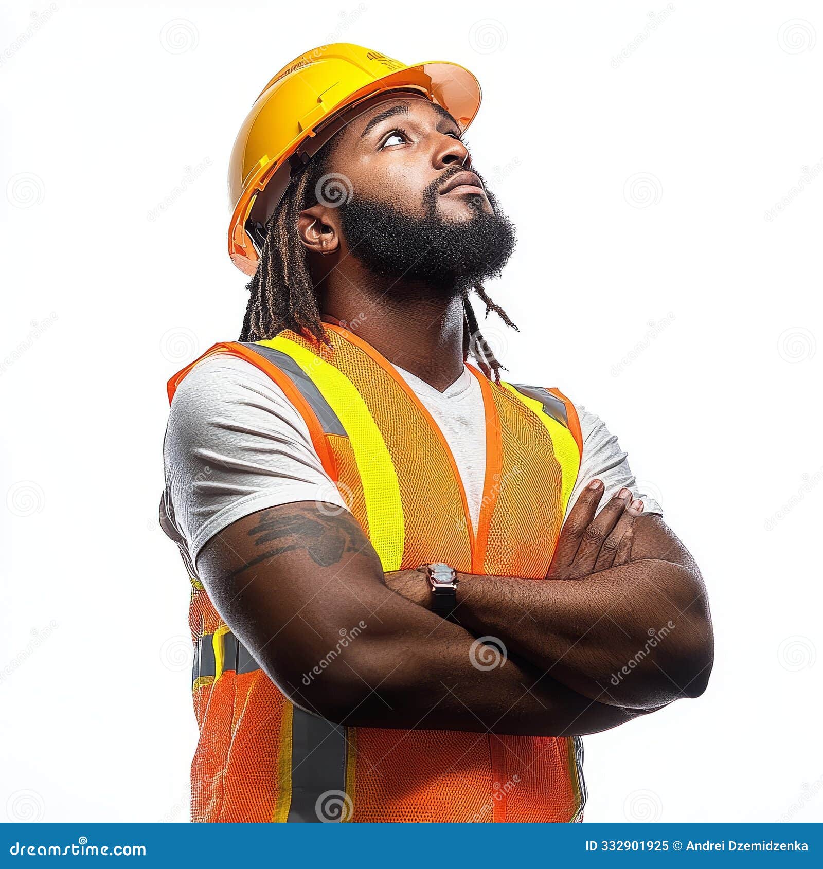 An Isolated White Background Shows a Construction Worker Looking Up ...