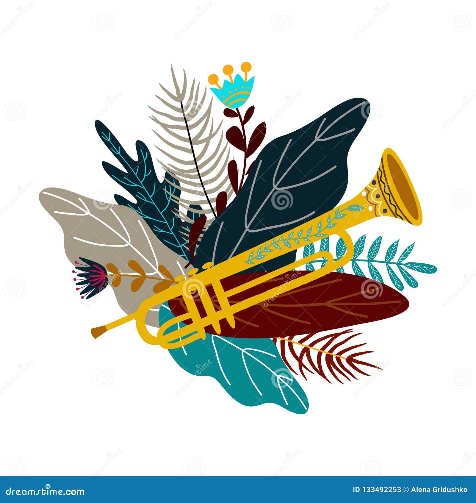 Isolated on White Background Trombone and Leaves with Flowers ...