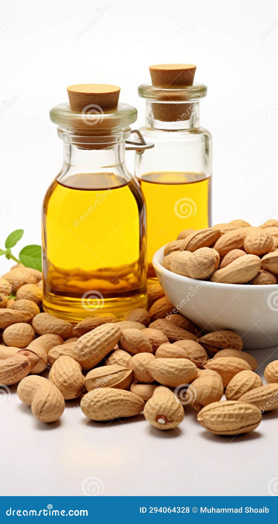 Isolated on White, Peanut Oil and Whole Peanuts Create a Natural ...