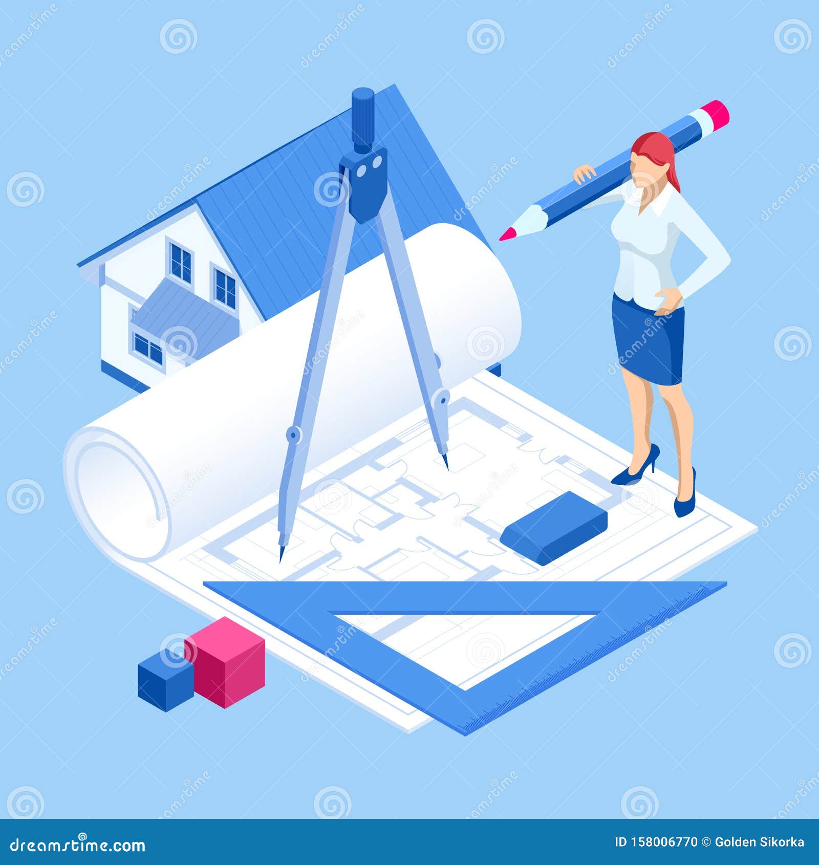 Isometri Architect Drawing on Architectural Project Concept. Architects ...