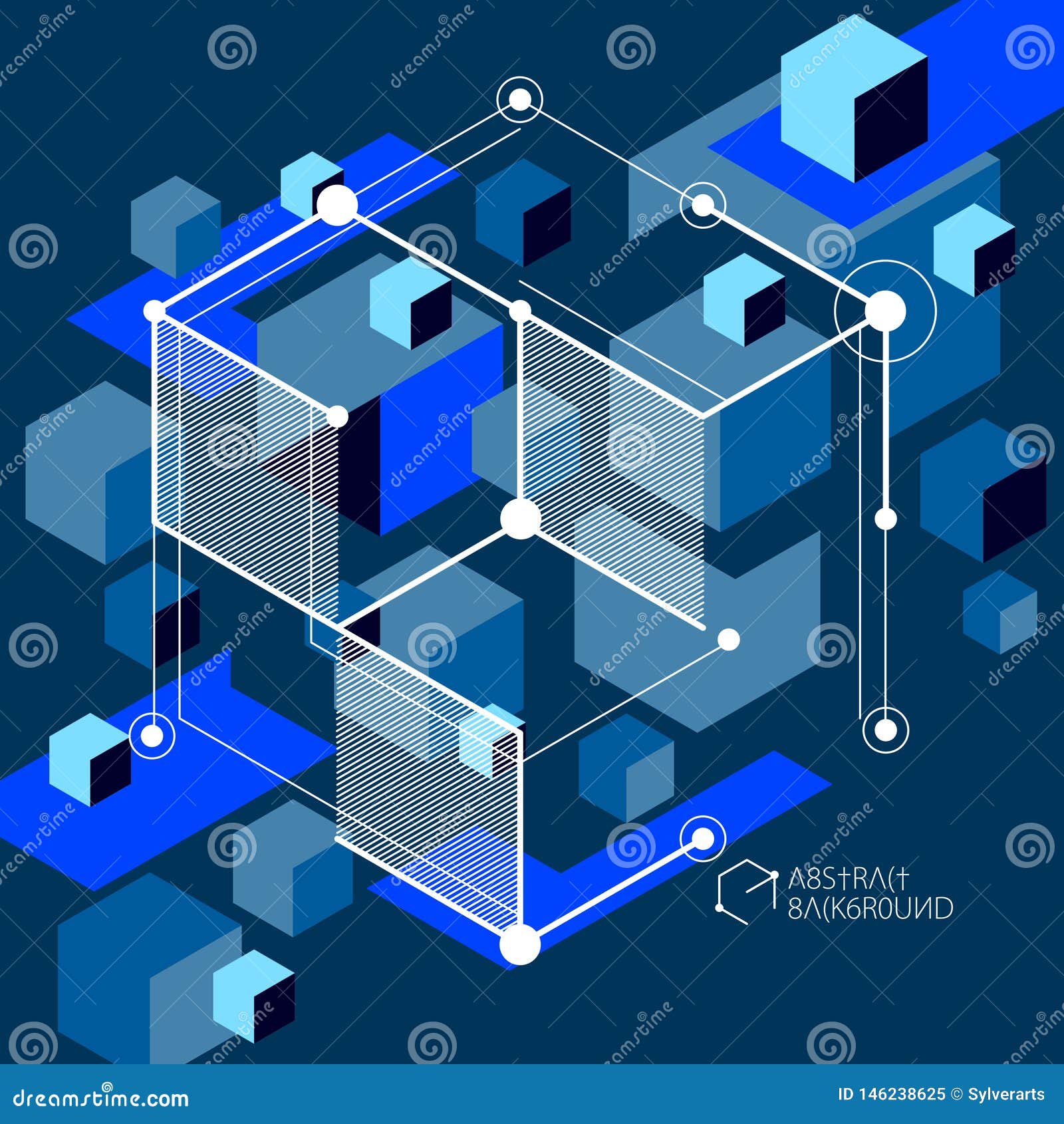 Isometric Abstract Dark Blue Background with Linear Dimensional Cube ...