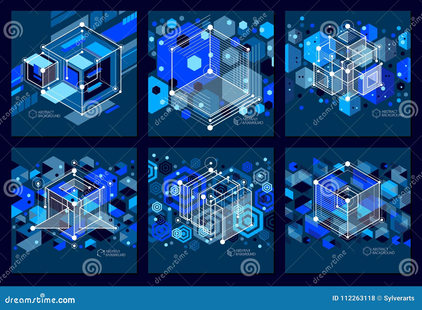 Isometric Abstract Dark Blue Backgrounds Set with Linear Dimensional ...