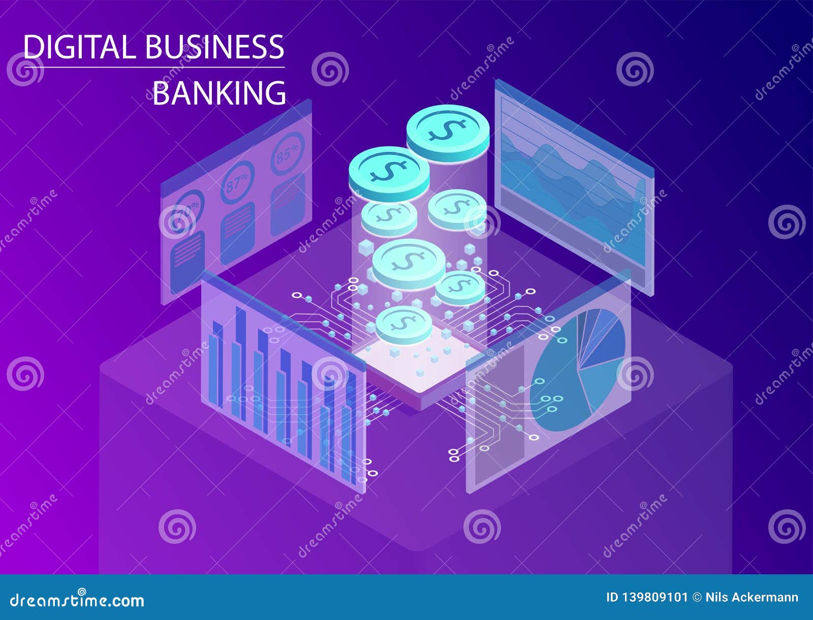 Digital Business Banking and Financial Services Concept. 3d Isometric ...