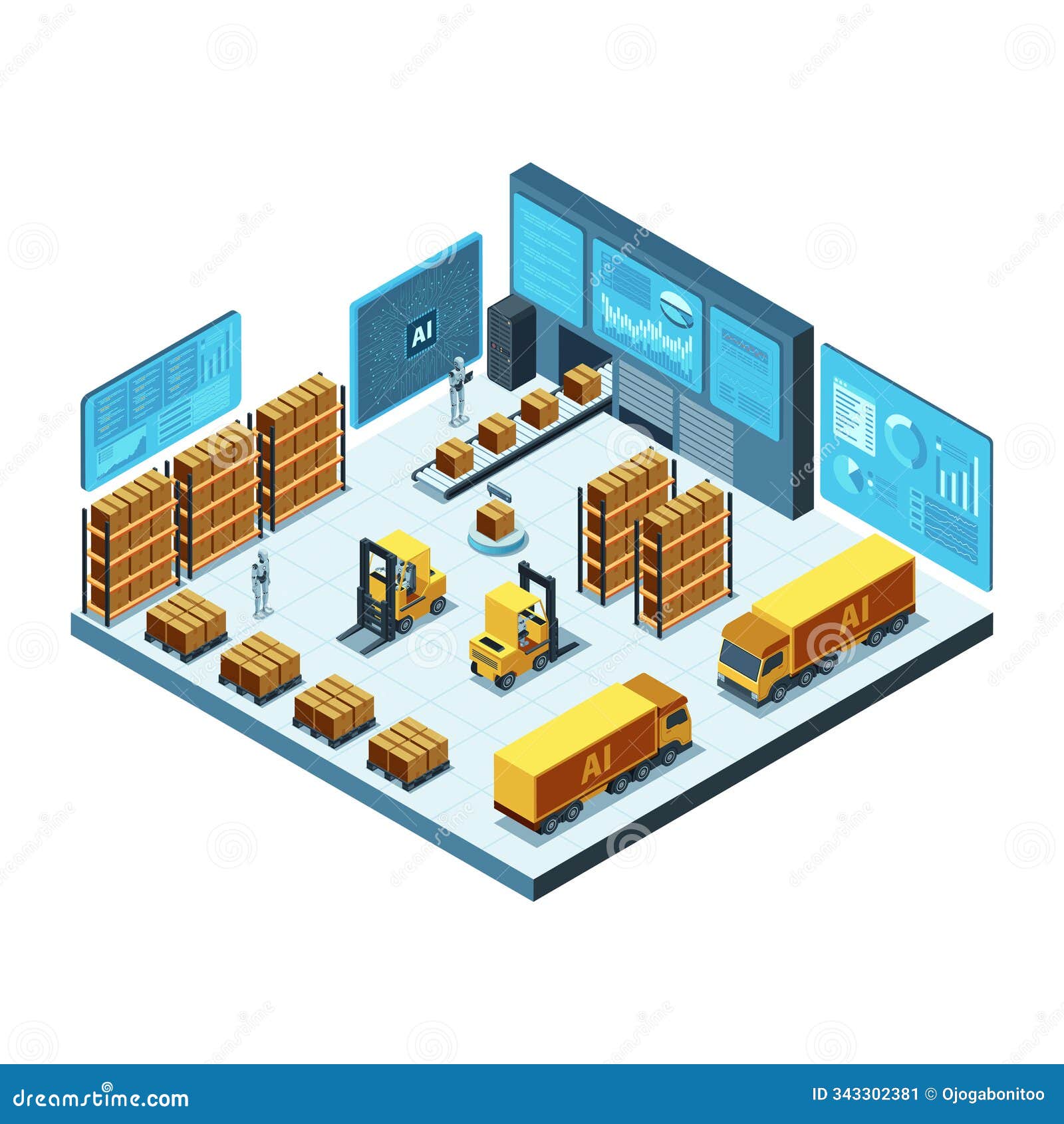 Isometric AI-Powered Logistics Hub With Automated Vehicles Cartoon ...
