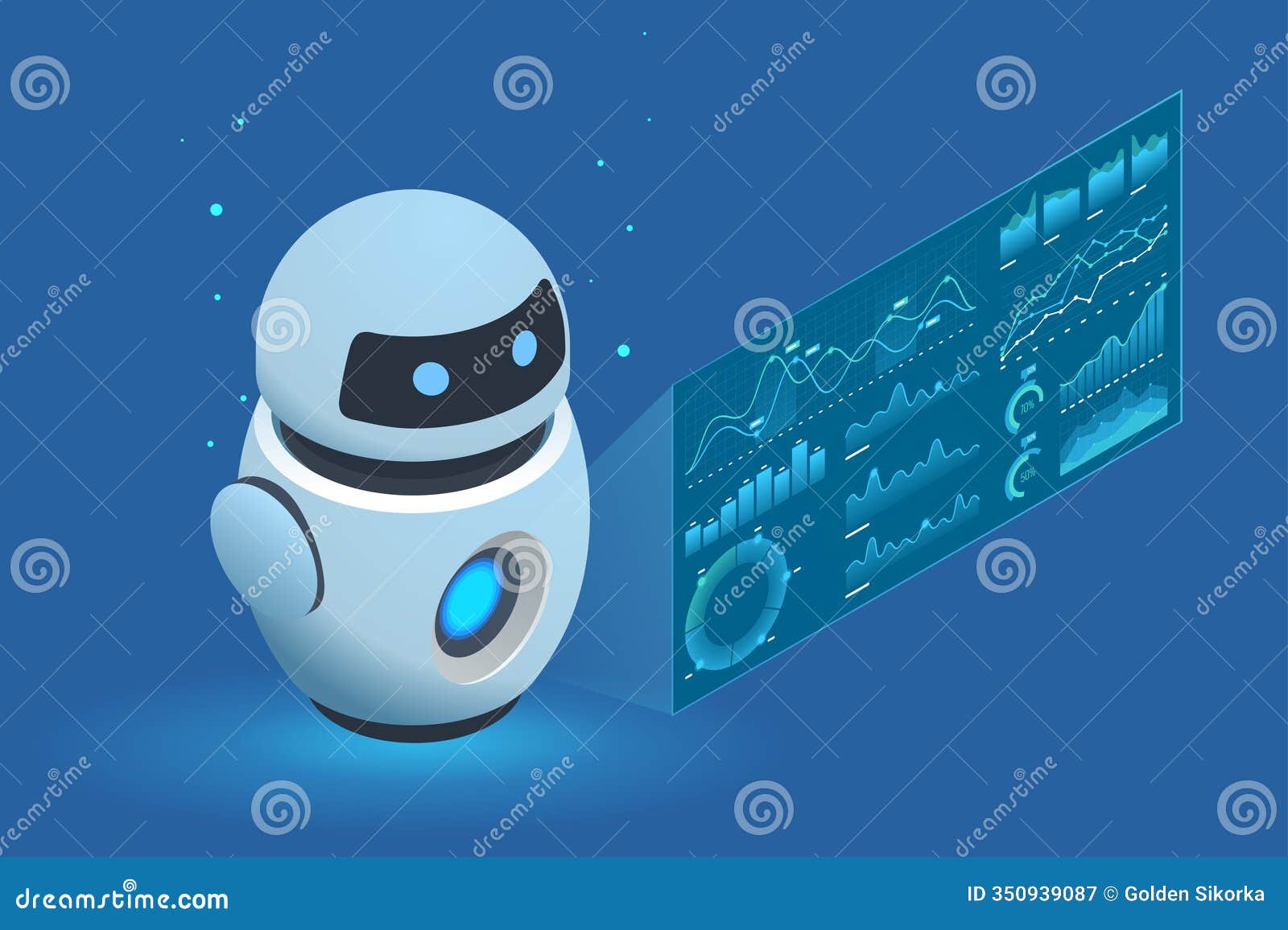 Isometric AI Robot Interacting with Digital Analytics Interface, Displaying KPIs, Data Insights ...