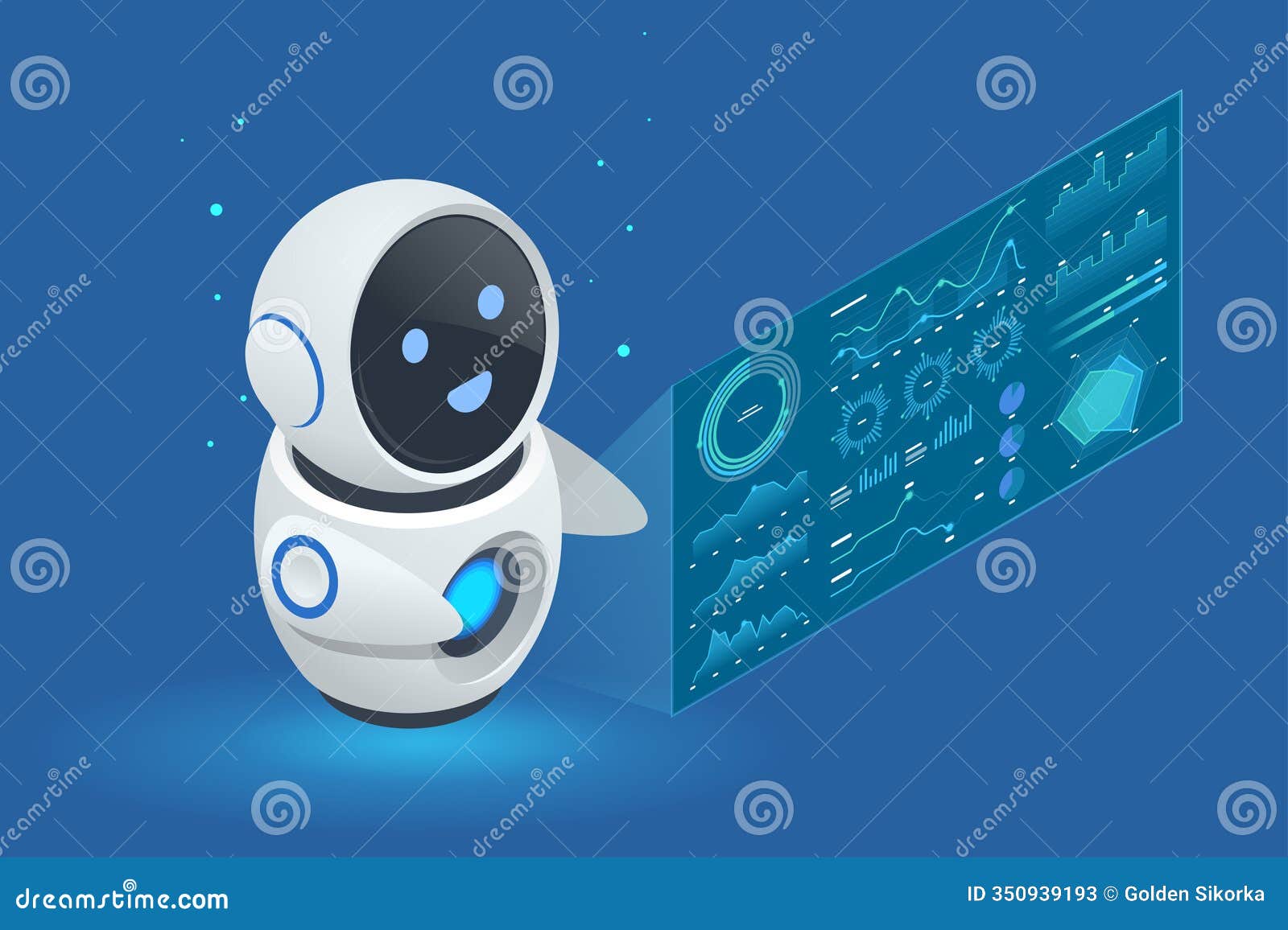 Isometric AI Robot Interacting with Digital Analytics Interface, Displaying KPIs, Data Insights ...